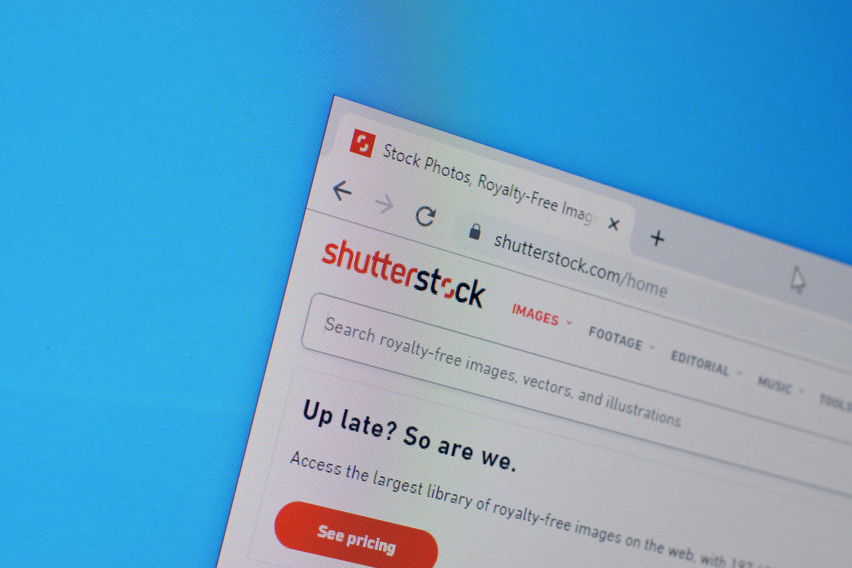 Homepage of shutterstock website on the display of PC, url ...