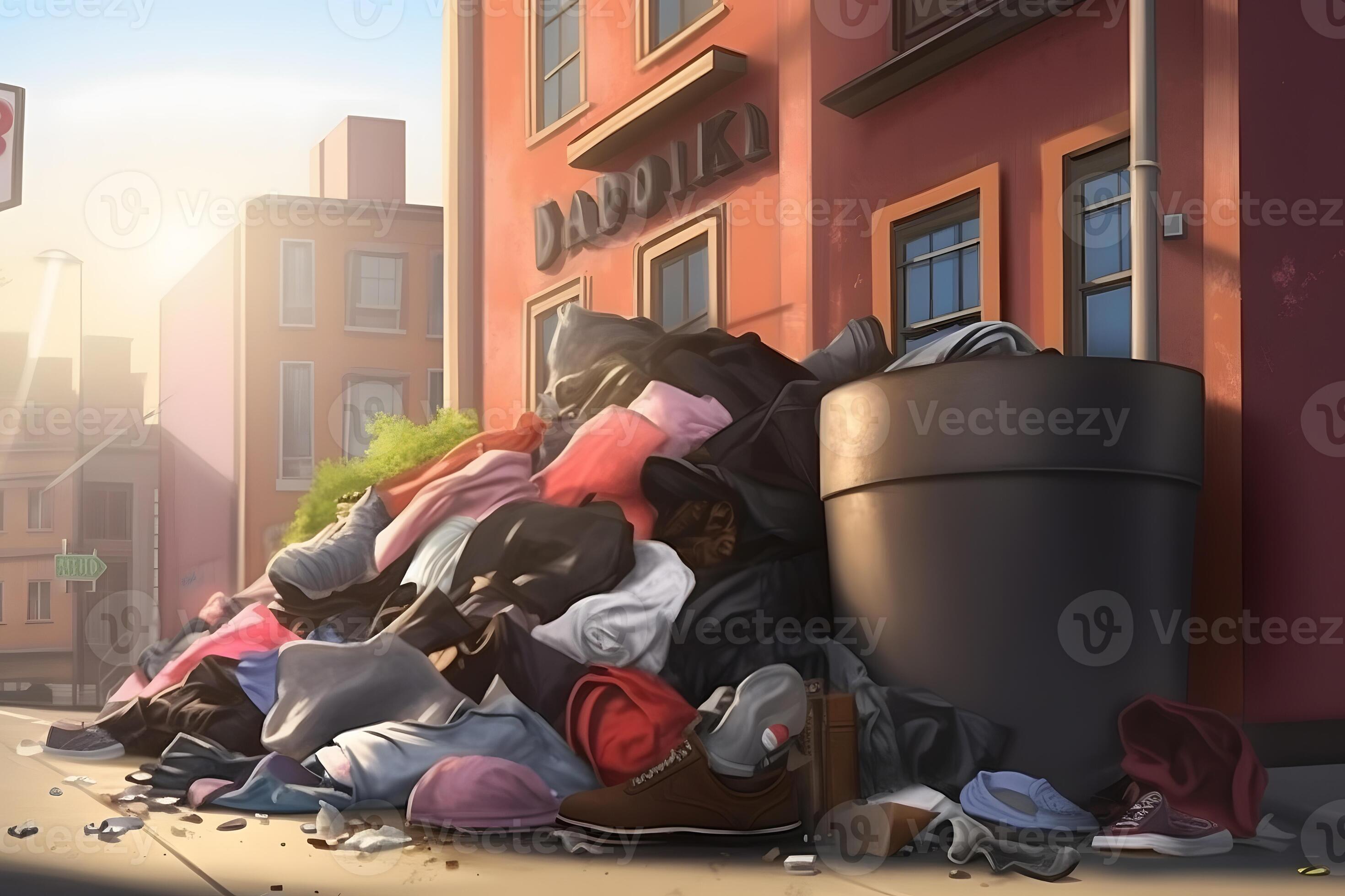 Garbage in urban city overflow the garbage dumpster can making pollution with clothes dumped in ...