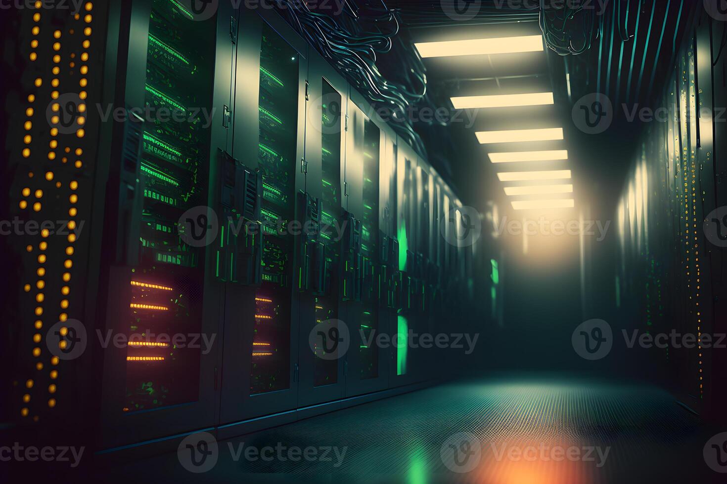 Server racks in computer network security server room data center. Neural network generated art ...