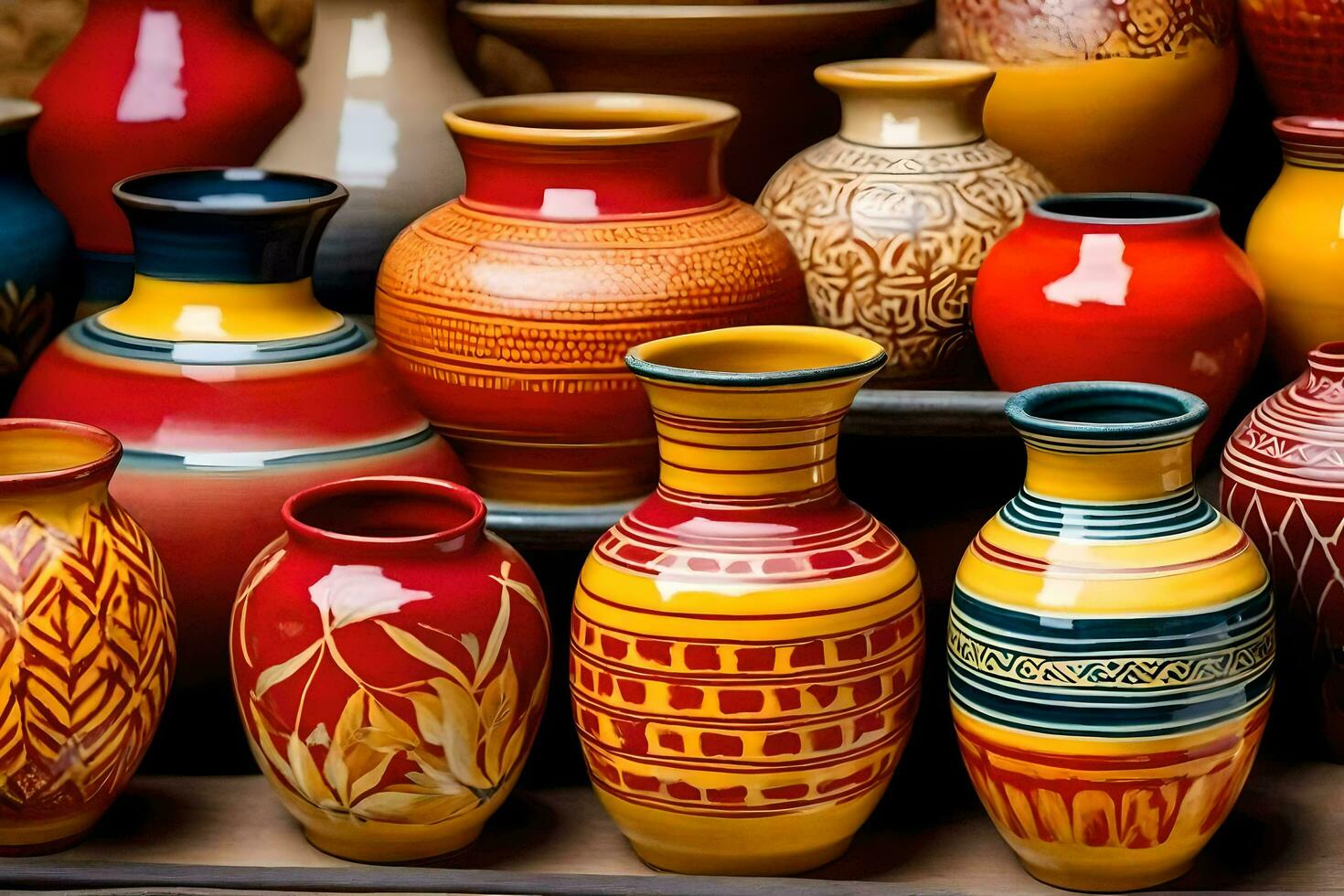 many colorful vases are displayed on a shelf. AI-Generated 31240256 ...