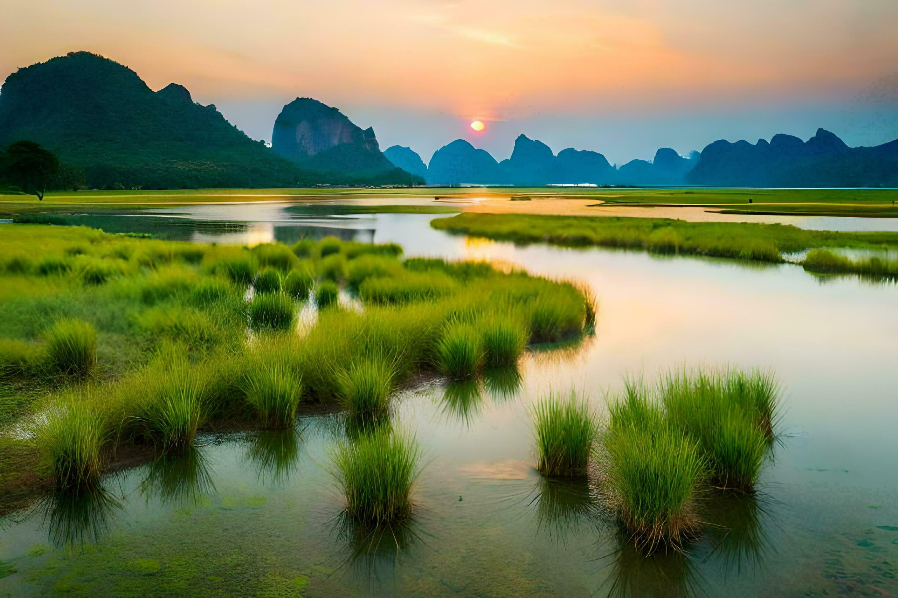 the sunrise over the li river, li river, china, nature, landscape, hd. AI-Generated 31241351 ...