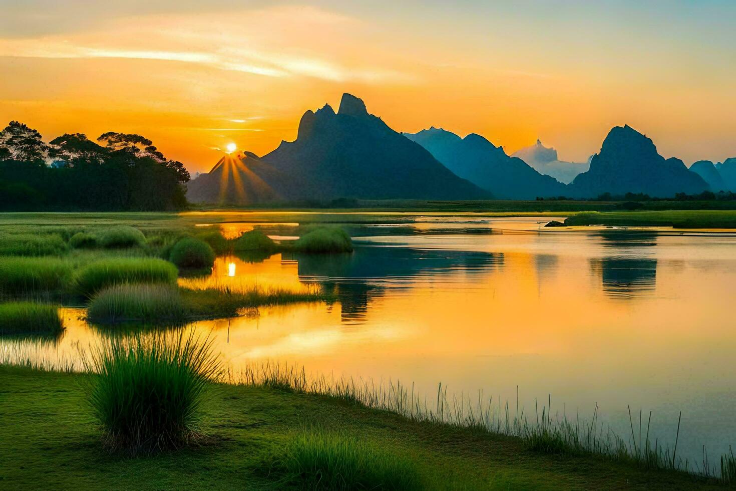 the sunrise over the li river, mountains, grass, water, landscape, hd wallpaper. AI-Generated ...