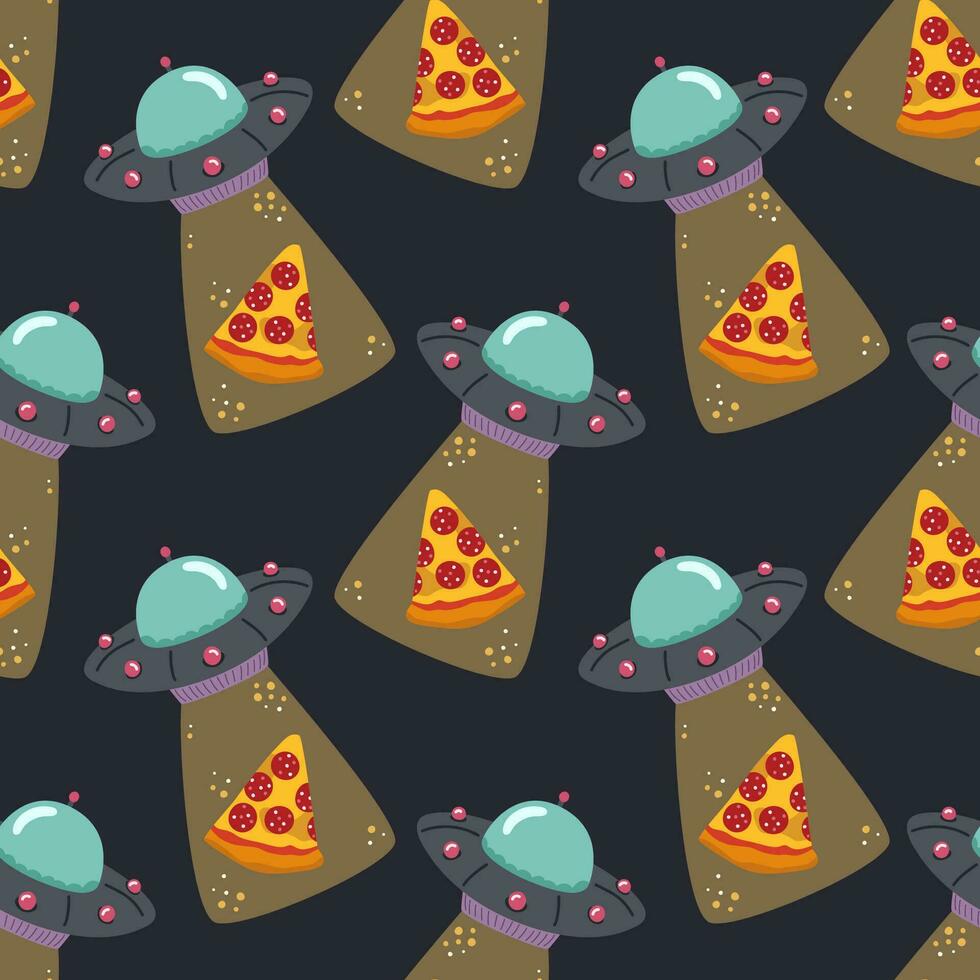OVNI y Pizza. sin costura modelo en un oscuro antecedentes. vector ... OVNI y Pizza. sin costura modelo en un oscuro antecedentes. vector ...
