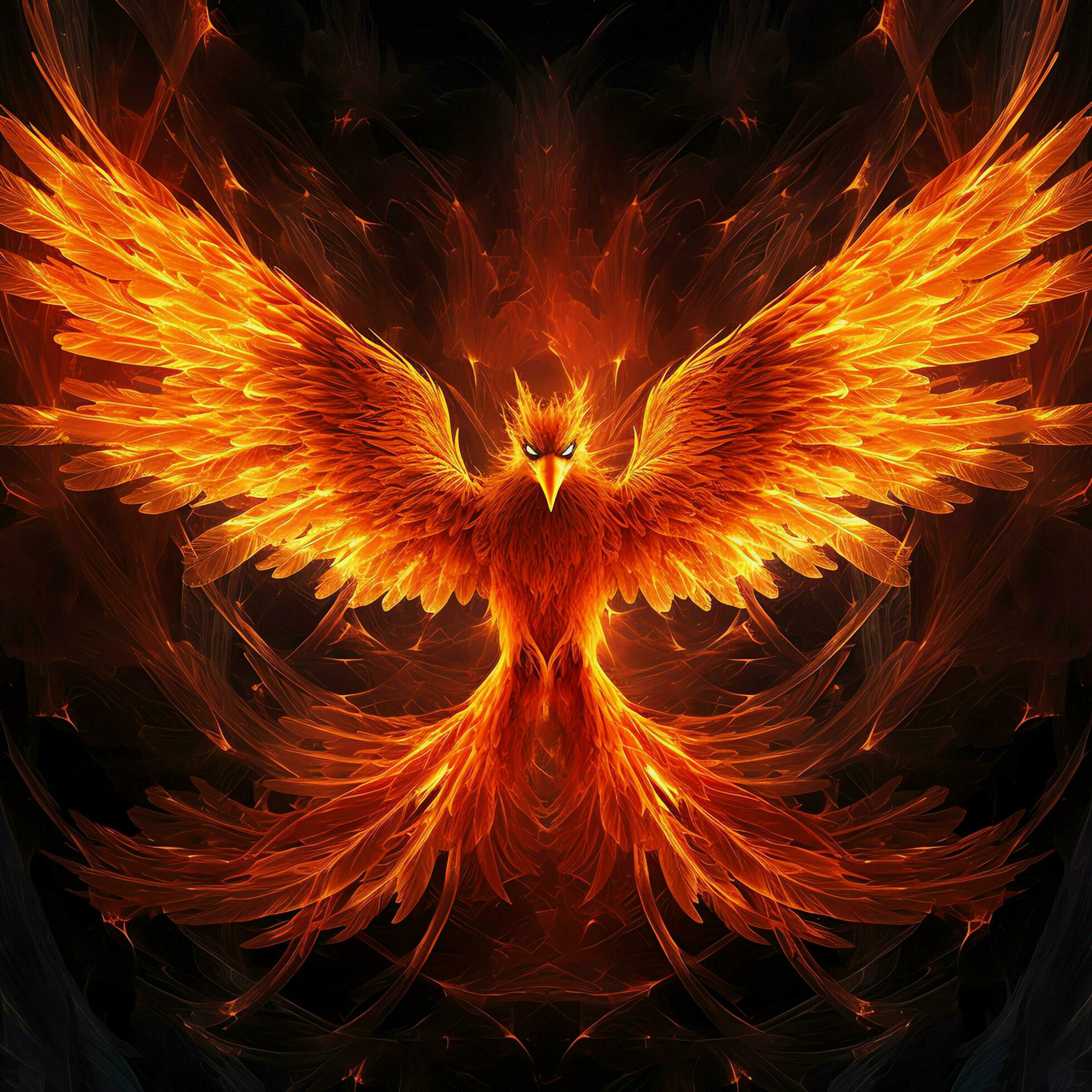 Phoenix bird with outstretched wings rising burning in flames. Epic phoenix bird fire rebirth ...