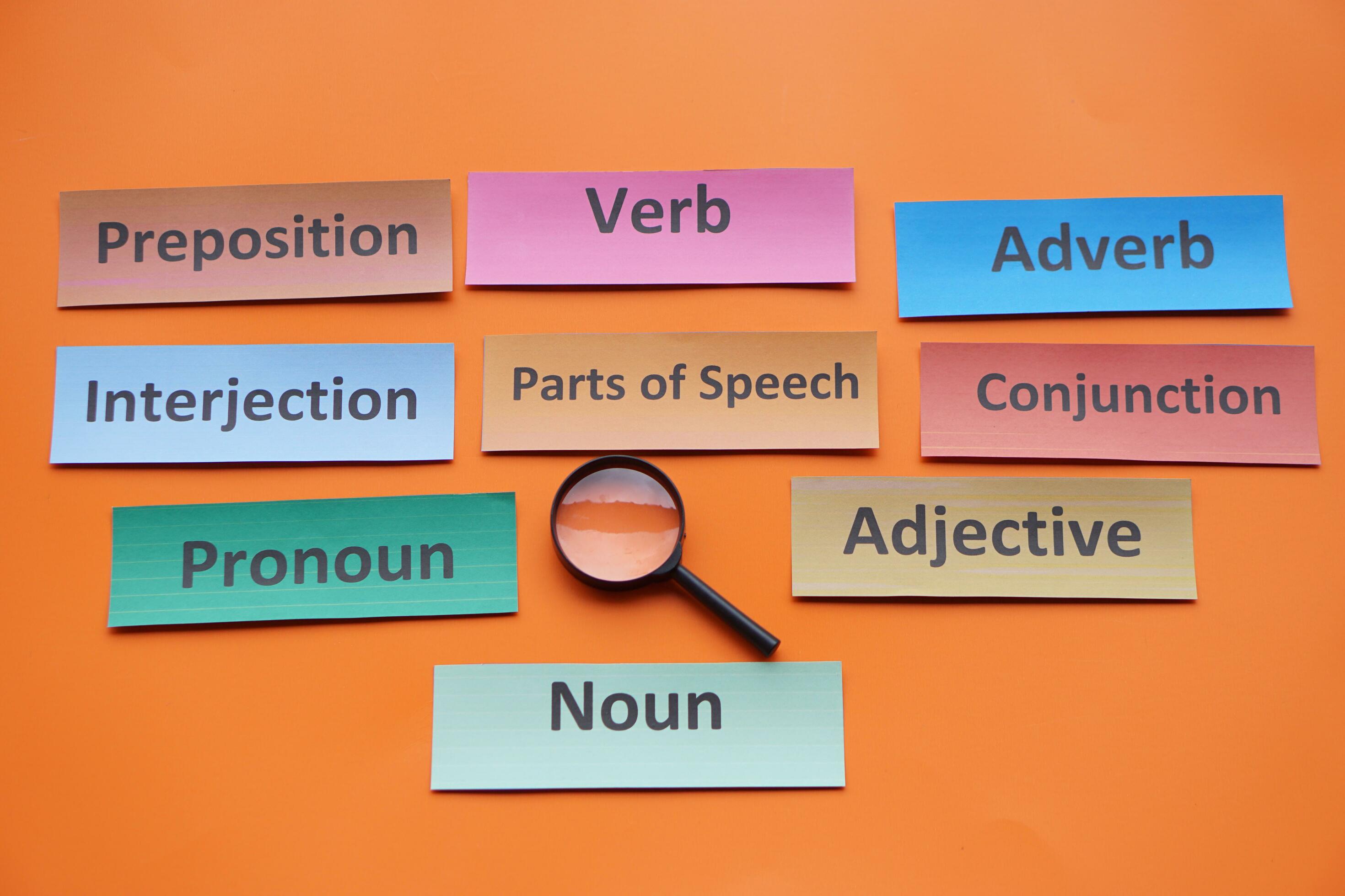 Magnifying glass, colorful word cards about Part of speech Noun Verb Pronoun Adverb Adjective ...