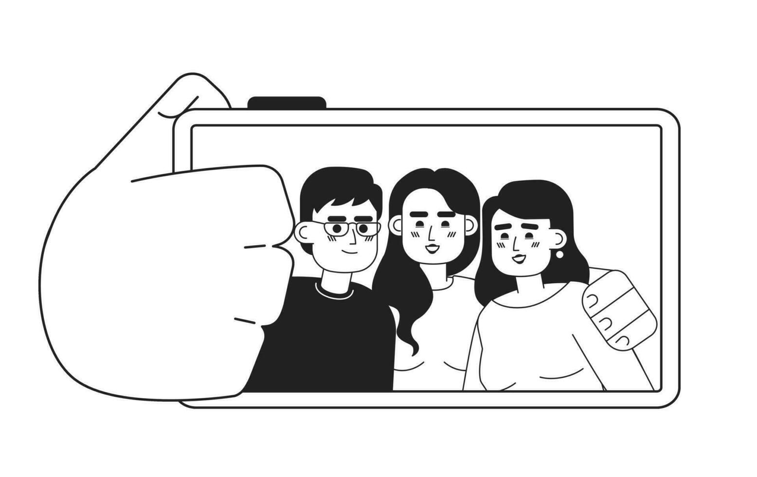 Friends Selfie Monochromatic Flat Vector Characters Taking Picture On Smartphone Moments With