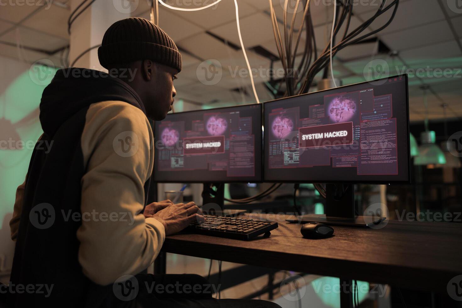 Criminal Cyberattack Hacker Accessing Computer System Man Writing Password Cracking Software