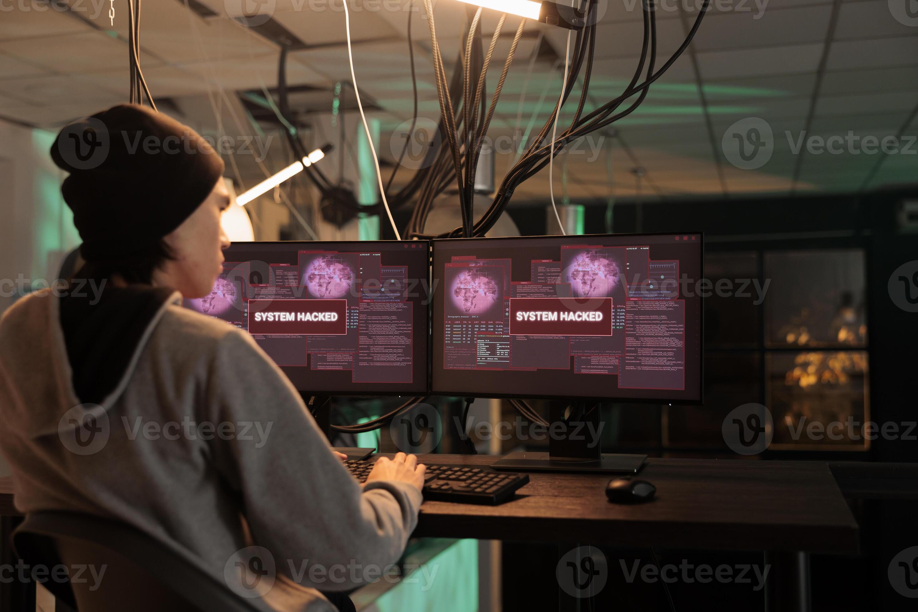 System Hacked By Cybercriminal Reading Warning Alert It Specialist Solving Cyberattack Problem