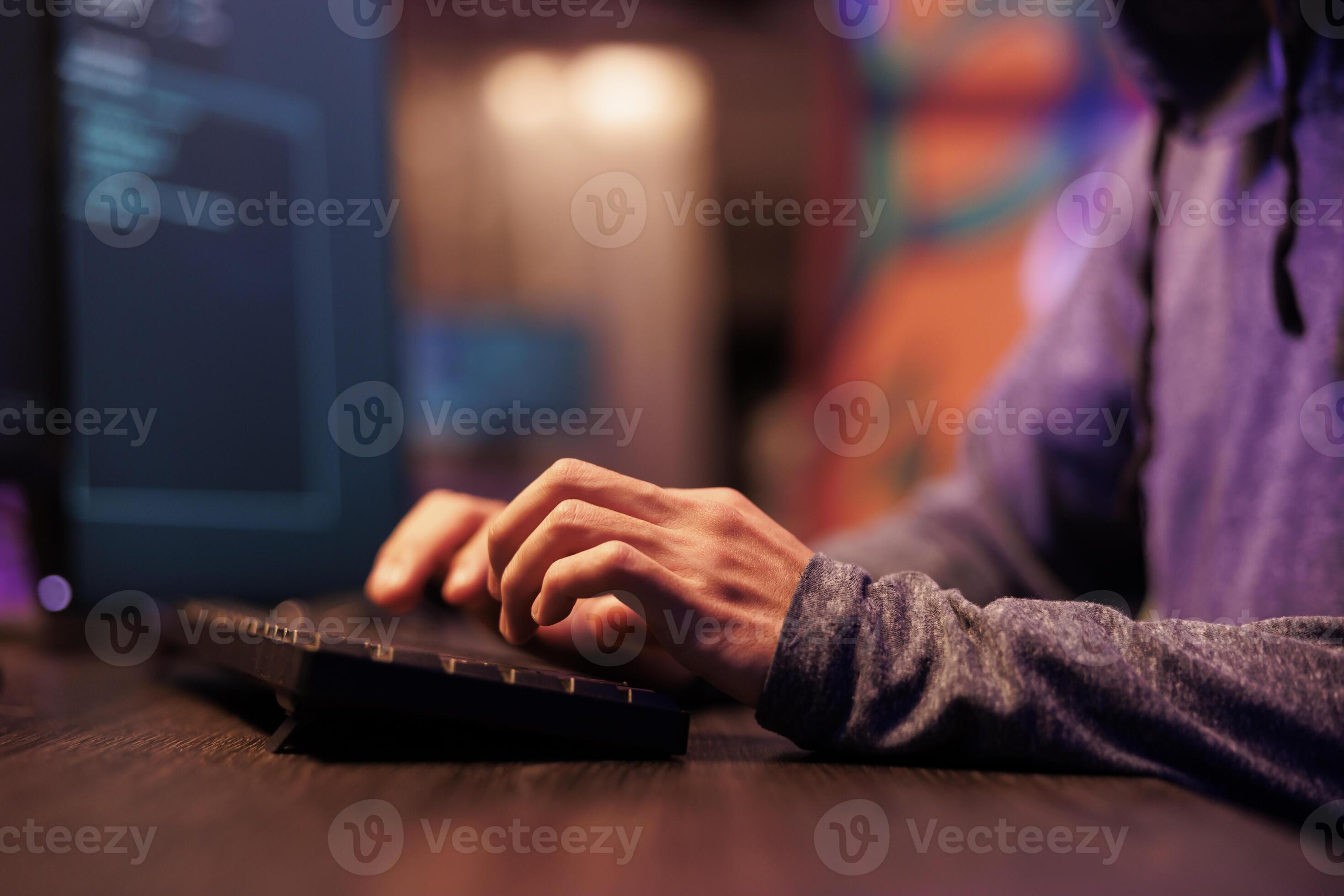 Hacker Hands Writing Virus Software Code And Typing On Keyboard Young Internet Criminal
