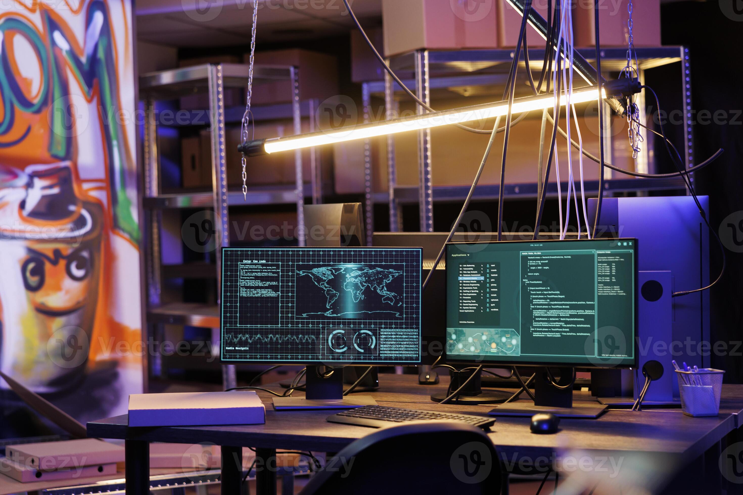 Computer Screens Displaying Data And Ransomware Code At Hackers Workspace Malicious Software