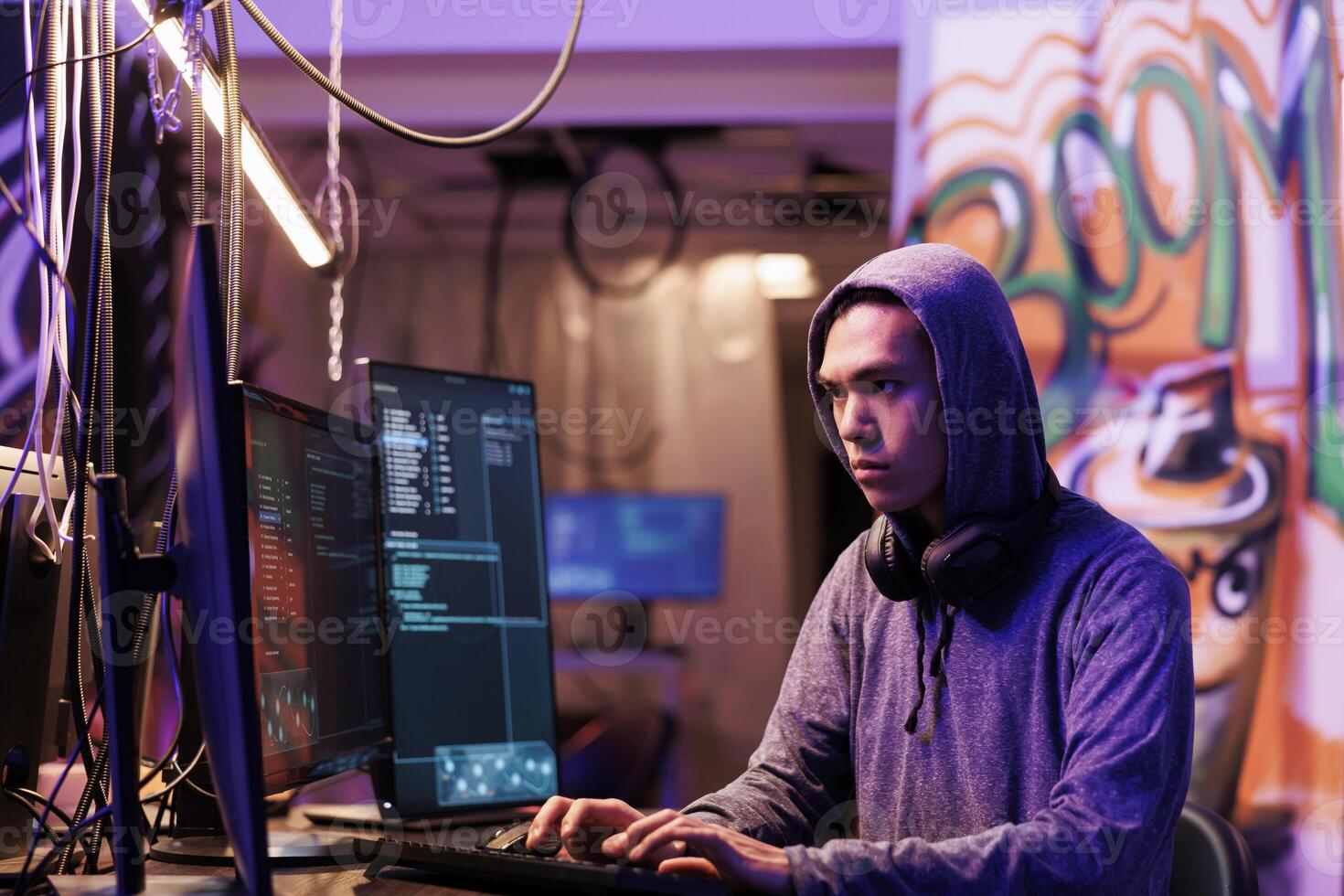 Asian Hacker Cracking Password To Get Illegal Access To Database Confidential Information Young