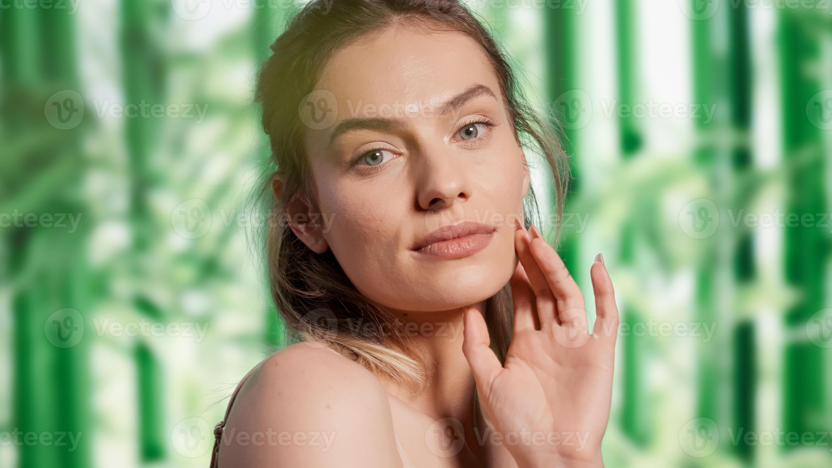 Beauty Model Posing Over Bamboo Trees Background Promoting Skincare
