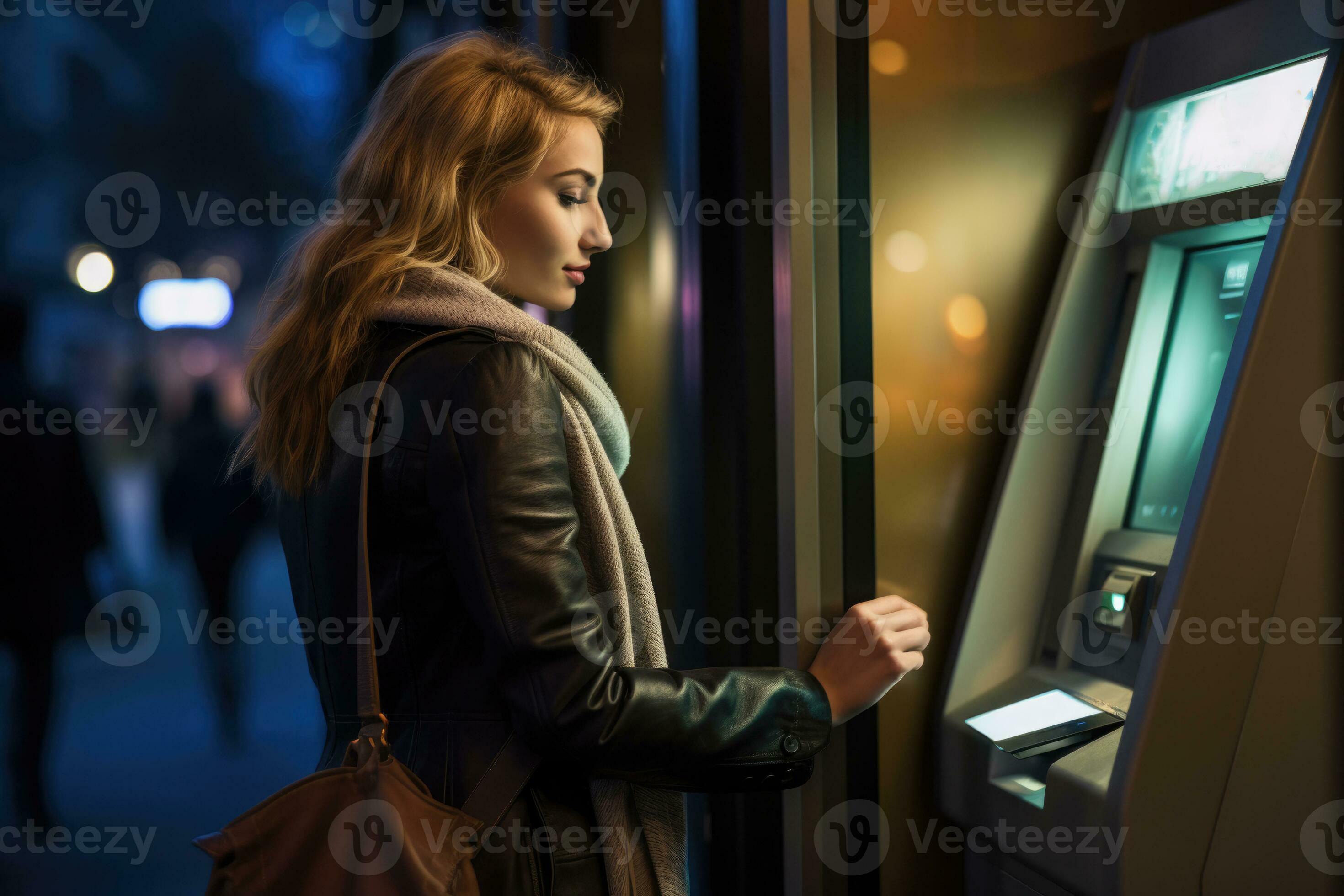 Lady using ATM machine to withdraw her money. Close-up of hand entering ...