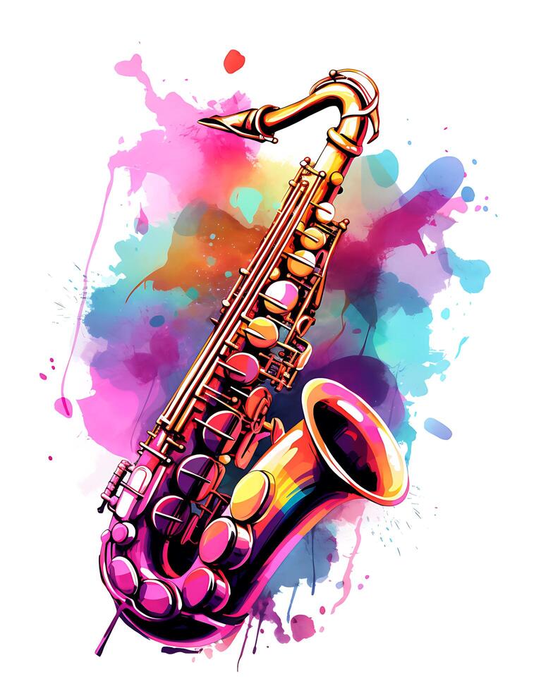 Watercolor saxophone illustration colorful vector white background ...