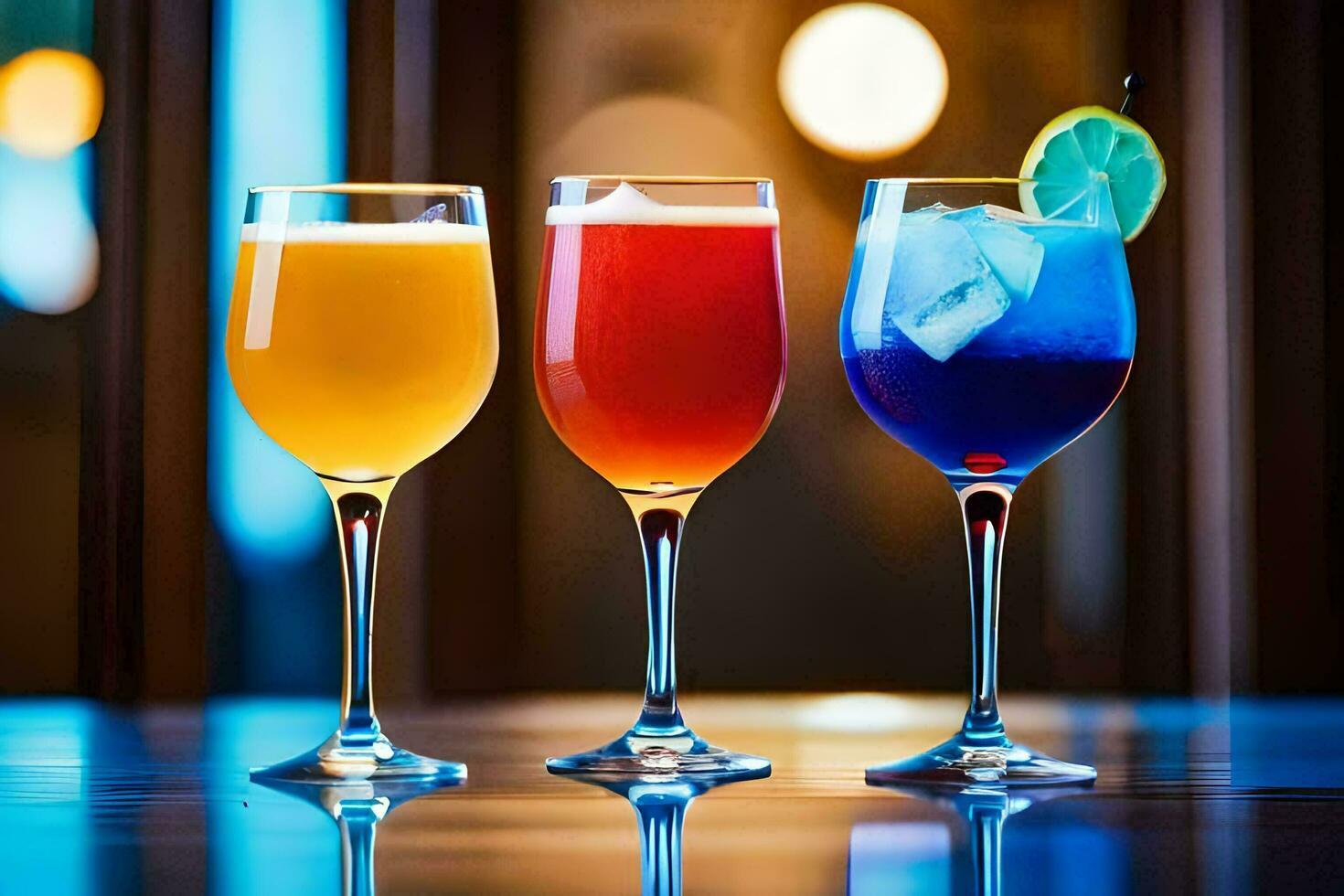 three different colored drinks in glasses on a table. AI-Generated 31526049 Stock Photo at Vecteezy