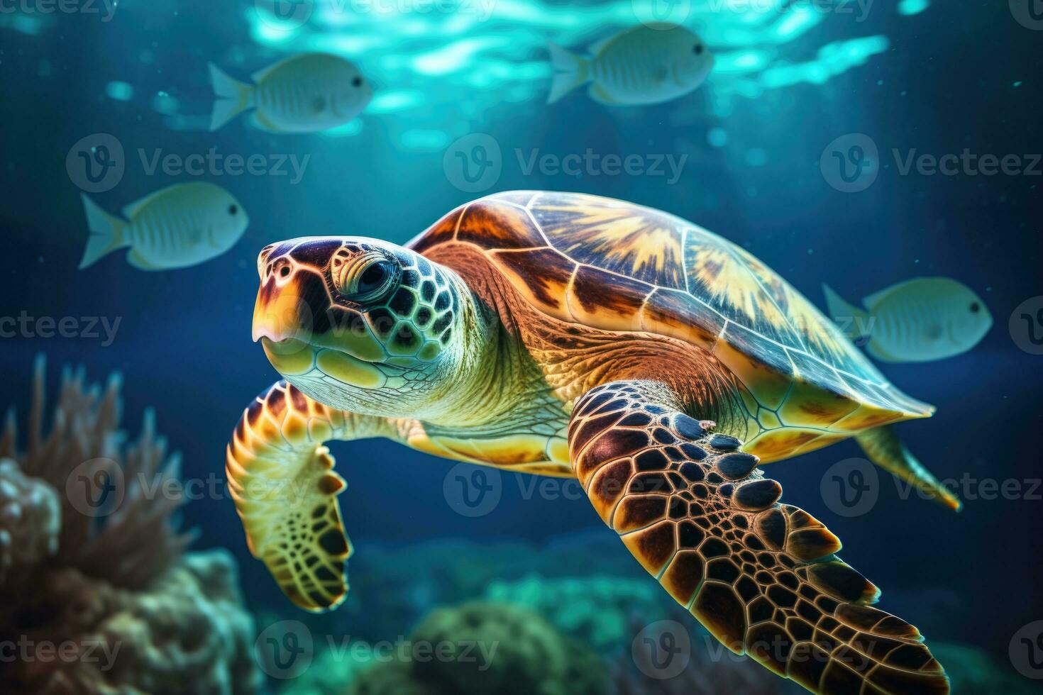 Close Up Of A Green Sea Turtle Swimming Underwater Ai Generated
