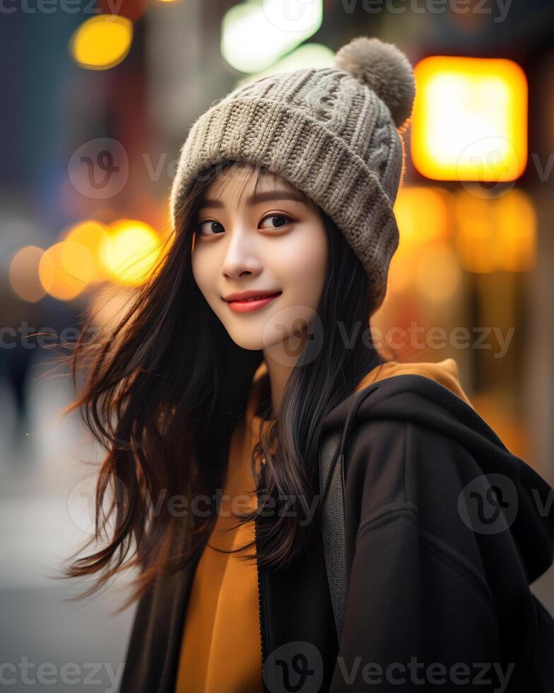 A cheerful korean girl wearing hoodie and knit hat AI Generative 31546537 Stock Photo at Vecteezy