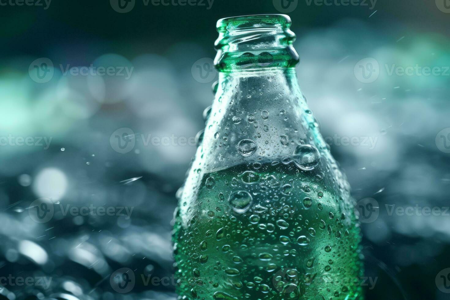 A close-up shot of condensation forming on a chilled bottle of mineral water, creating a sense ...