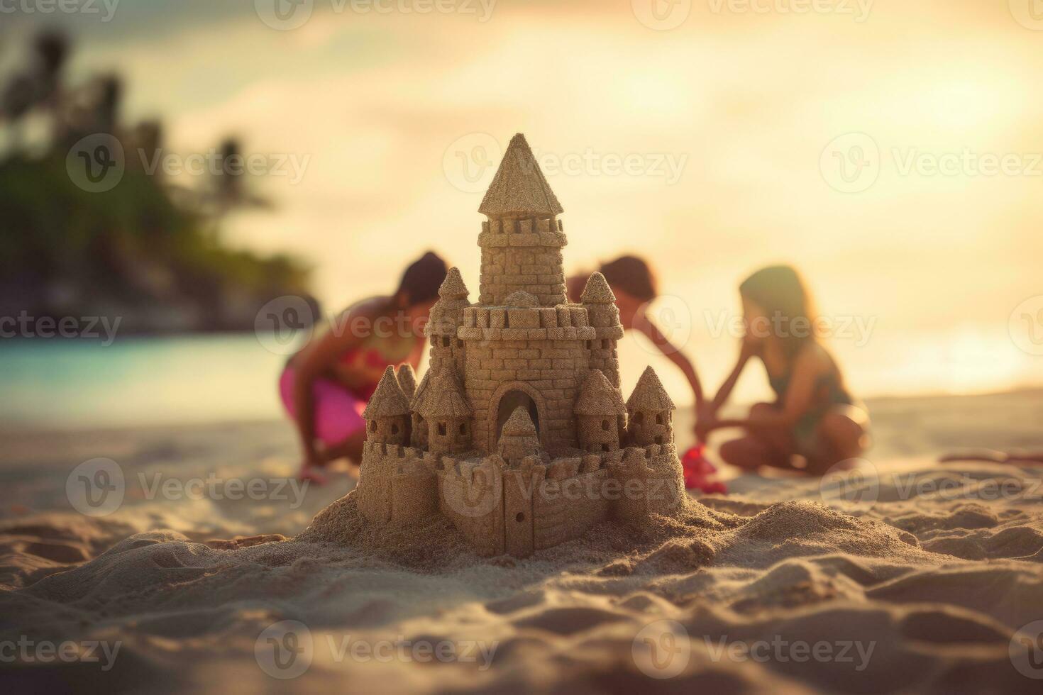 A family building sandcastles and playing in the shallow waves on a ...