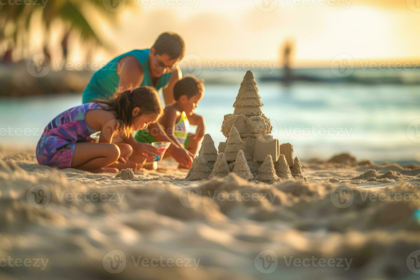 A family building sandcastles and playing in the shallow waves on a ...