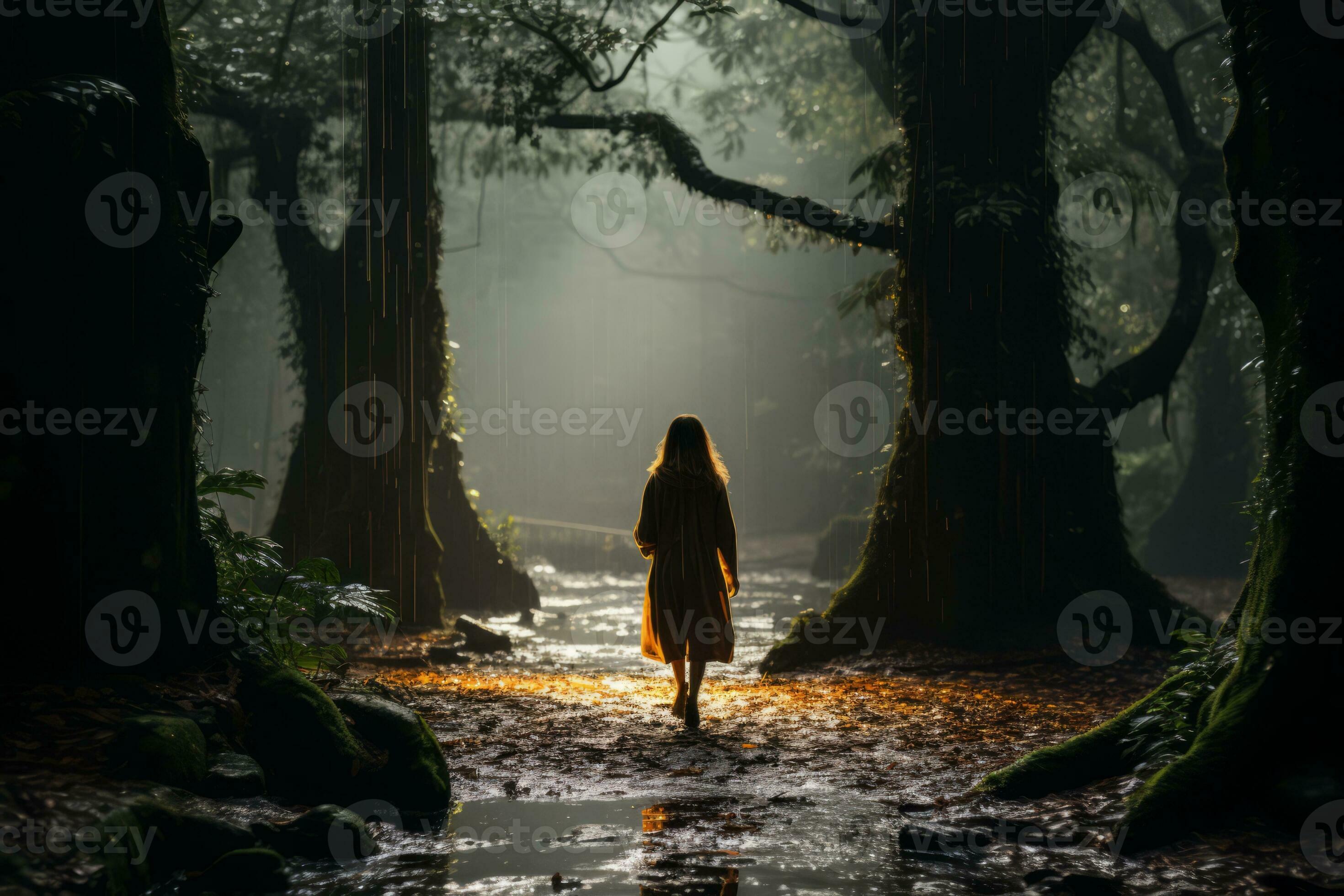 A mesmerizing photo of a person walking through a misty forest, evoking a sense of mystery and ...
