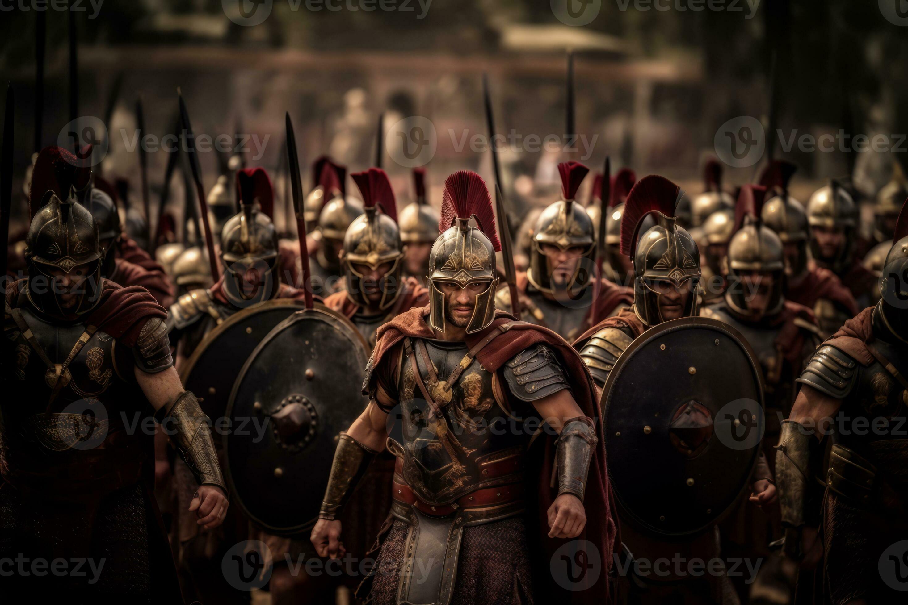 Formation of Roman soldiers in their iconic armor, shields raised, and spears ready, showcasing ...
