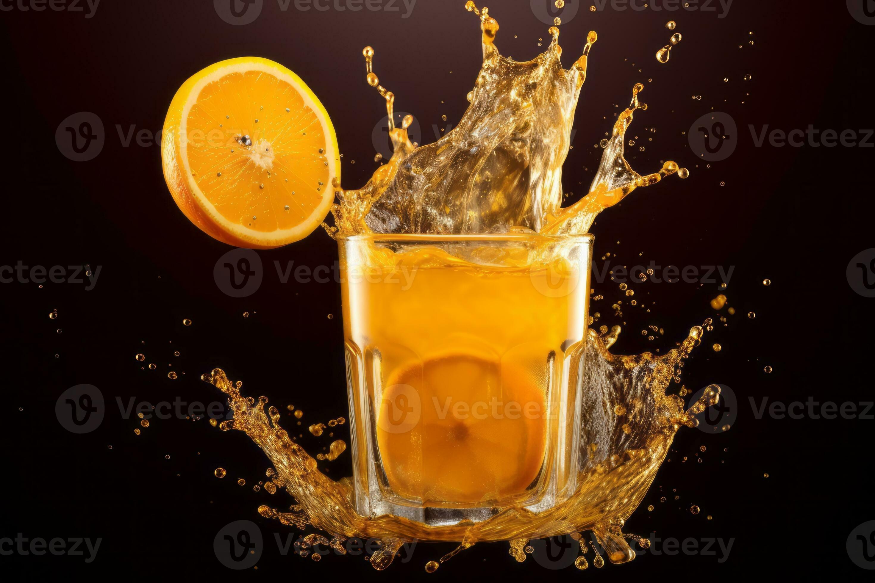 A refreshing splash of orange juice caught mid-air, conveying the invigorating and energizing ...