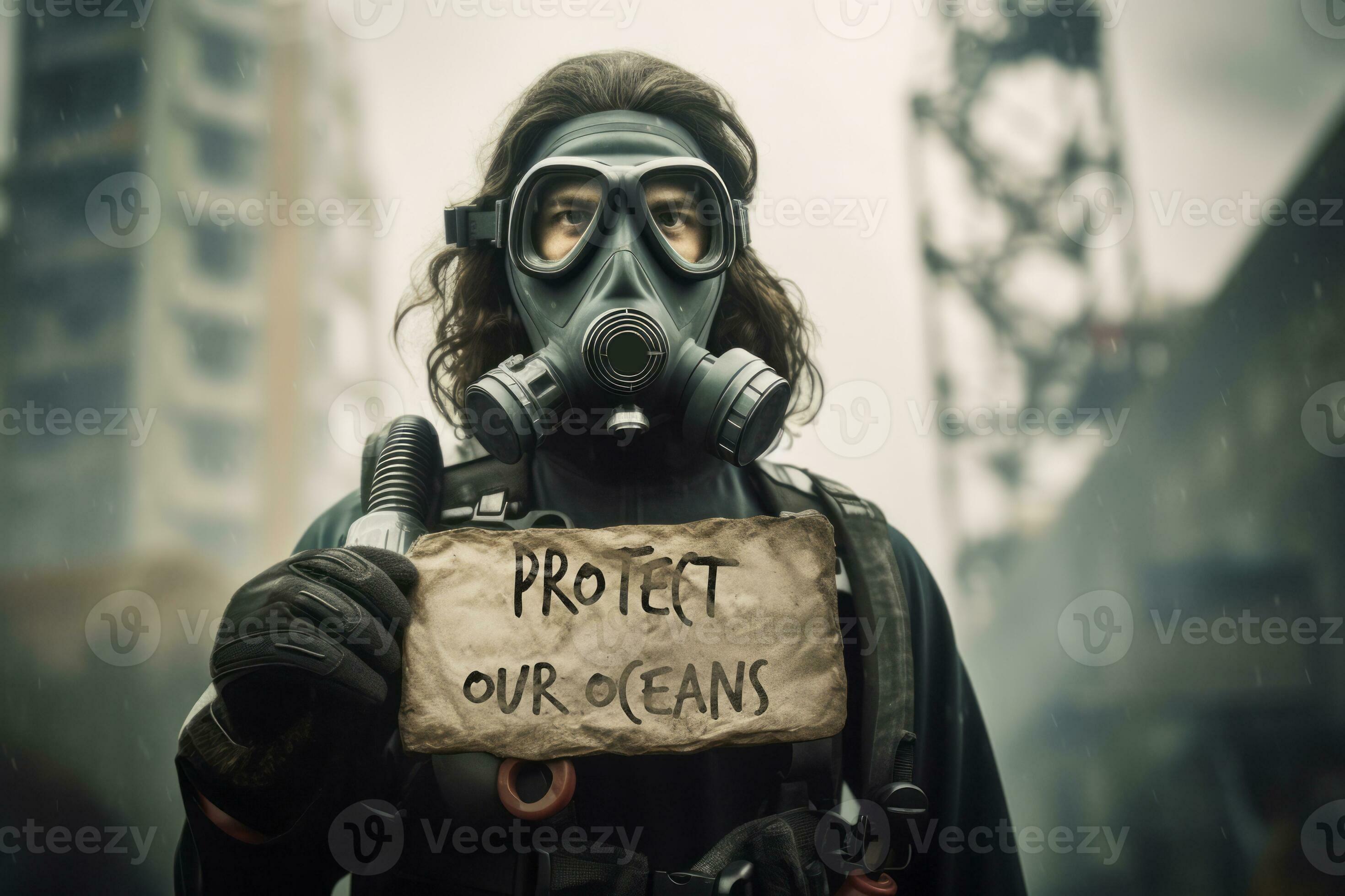 A thought-provoking image of a diver holding a sign that reads 'Protect Our Oceans' amidst a ...