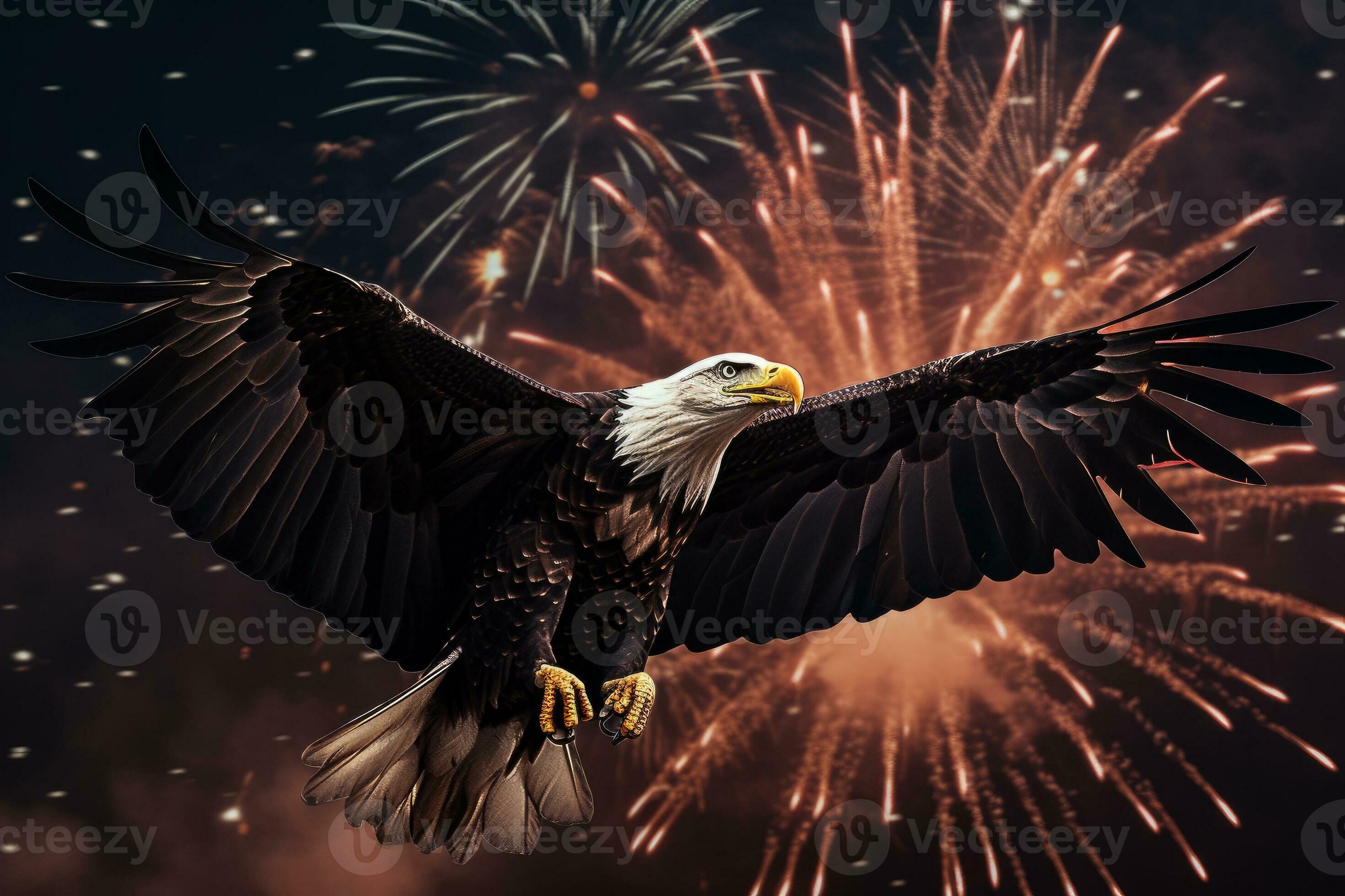 A bald eagle soaring through the sky, clutching the U.S. flag in its ...