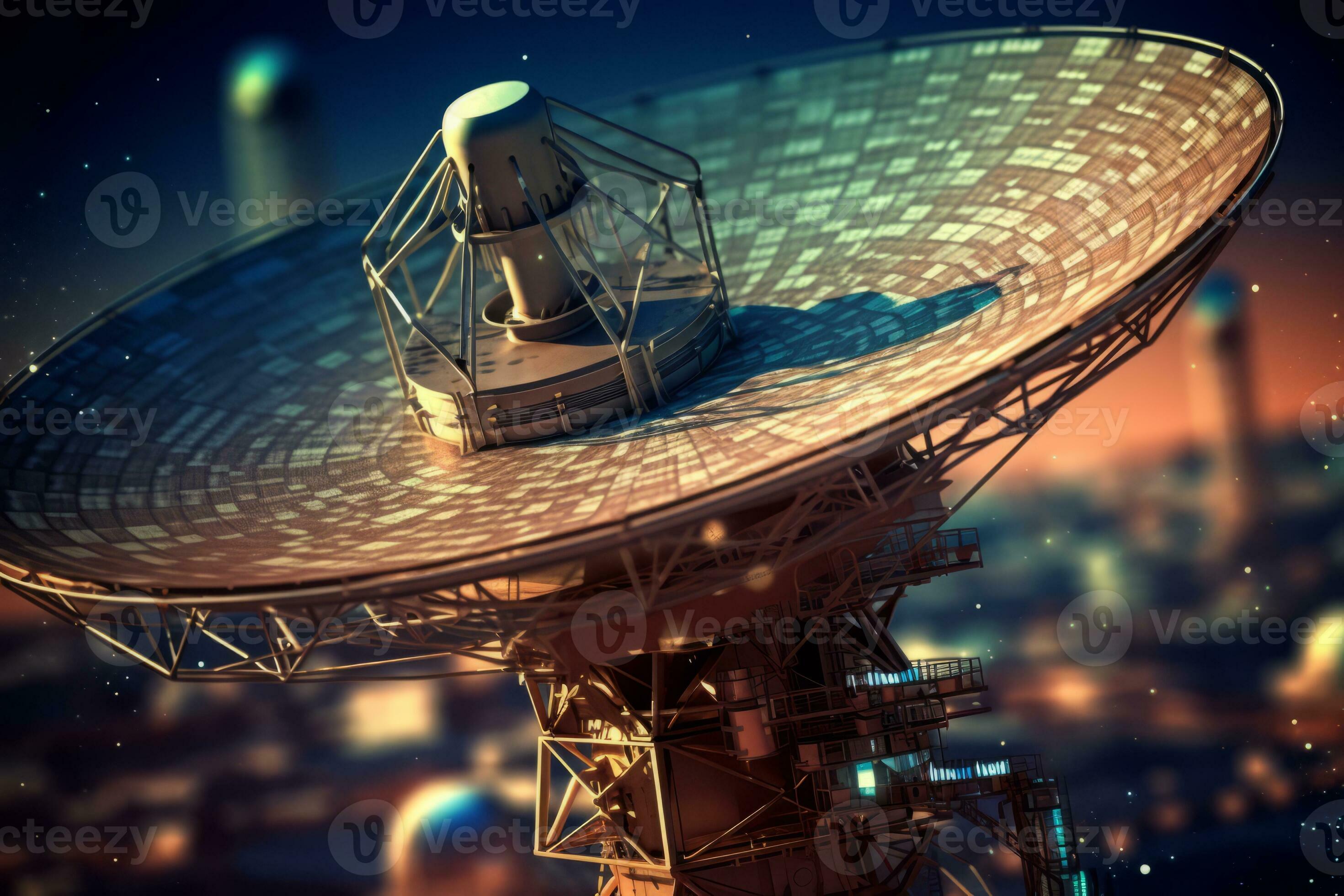 A close-up shot of a satellite dish receiving or transmitting signals ...