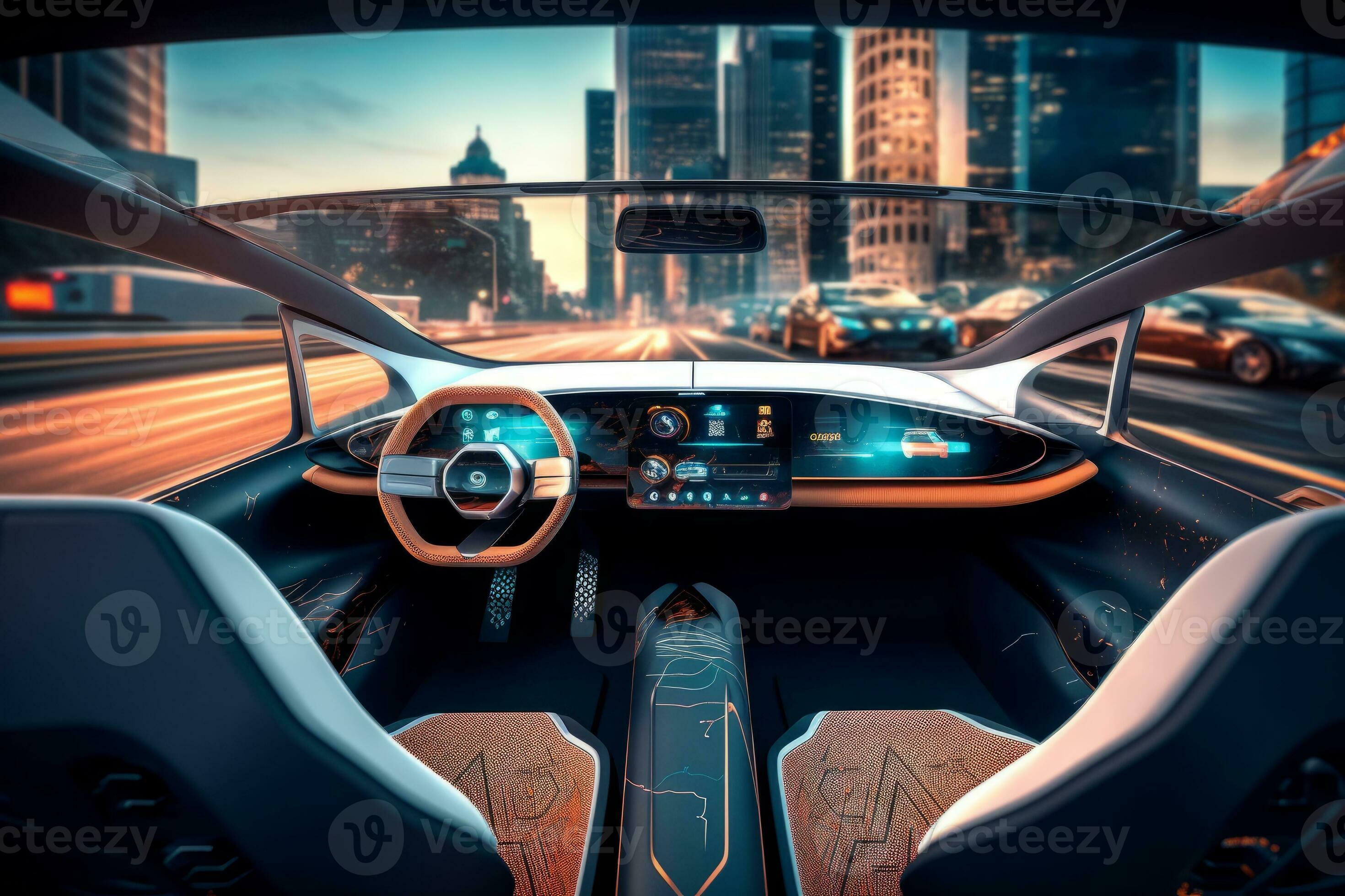 A close-up shot of the self-driving car's interior, showcasing the ...
