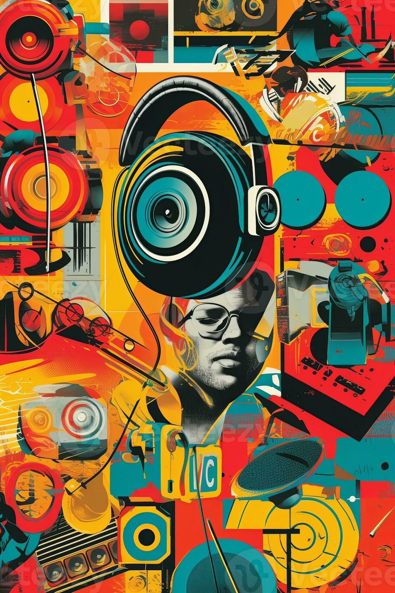 A collage of different music-related elements such as vinyl records ...