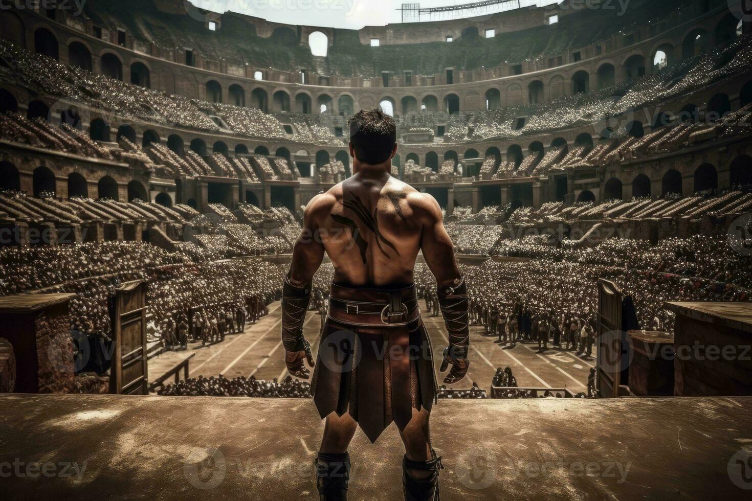 A dramatic shot of a gladiator in the Colosseum, showcasing the ...
