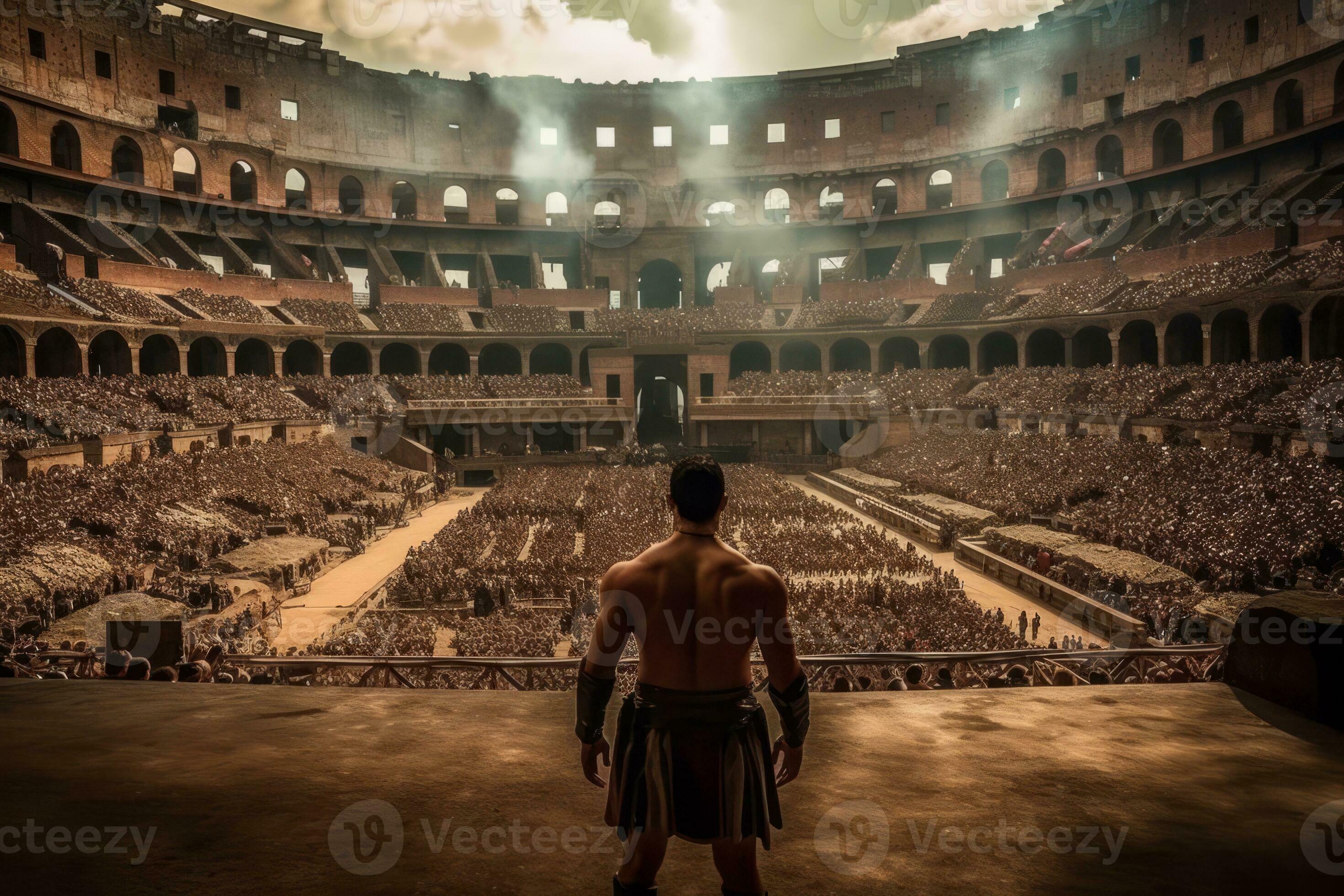 A dramatic shot of a gladiator in the Colosseum, showcasing the ...