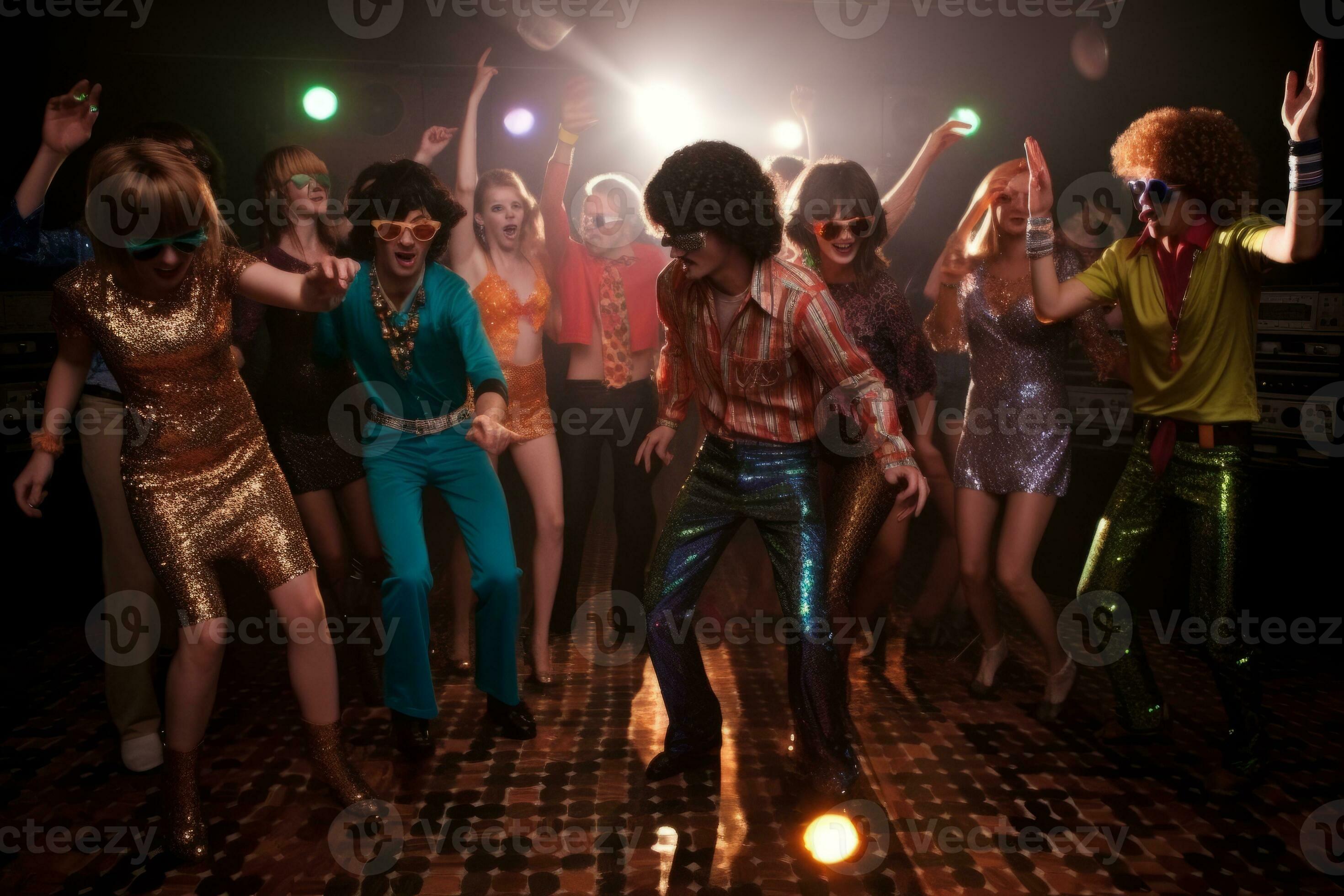 A group of young people dressed in retro disco outfits, dancing and grooving to a funky beat on ...