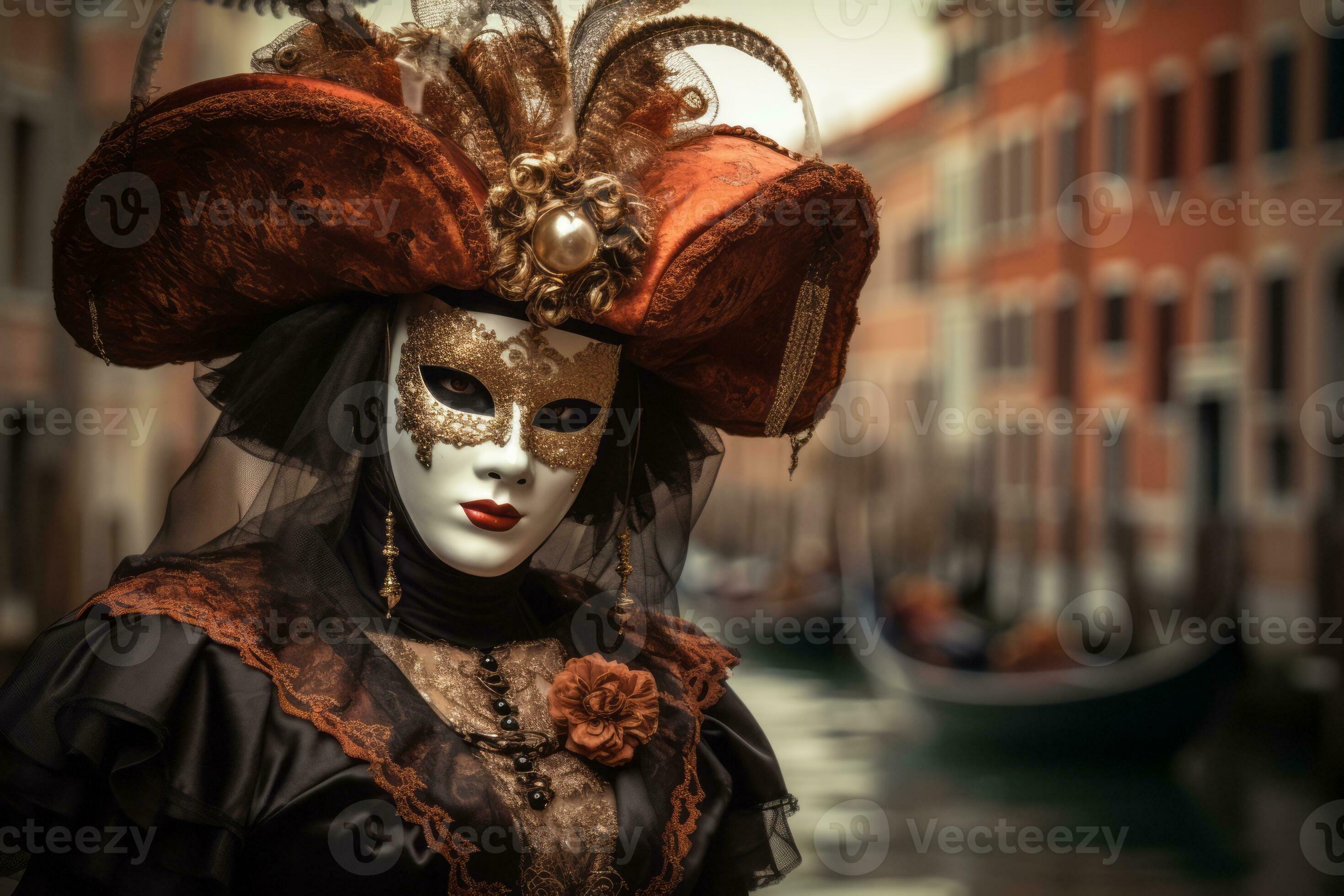 An image of a mysterious figure wearing a Venetian Carnival Mask, standing against a backdrop of ...