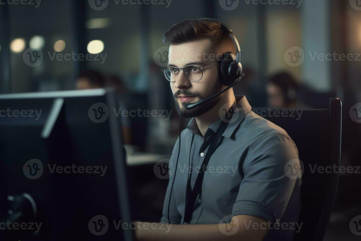 Call center operator accompanied by his team. Smiling customer support operator at work. Young ...