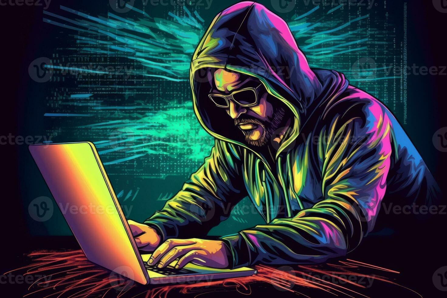 Vector Ilustración De Un Hacker Rotura Dentro Un Computadora Sistema Y Robando Sensible