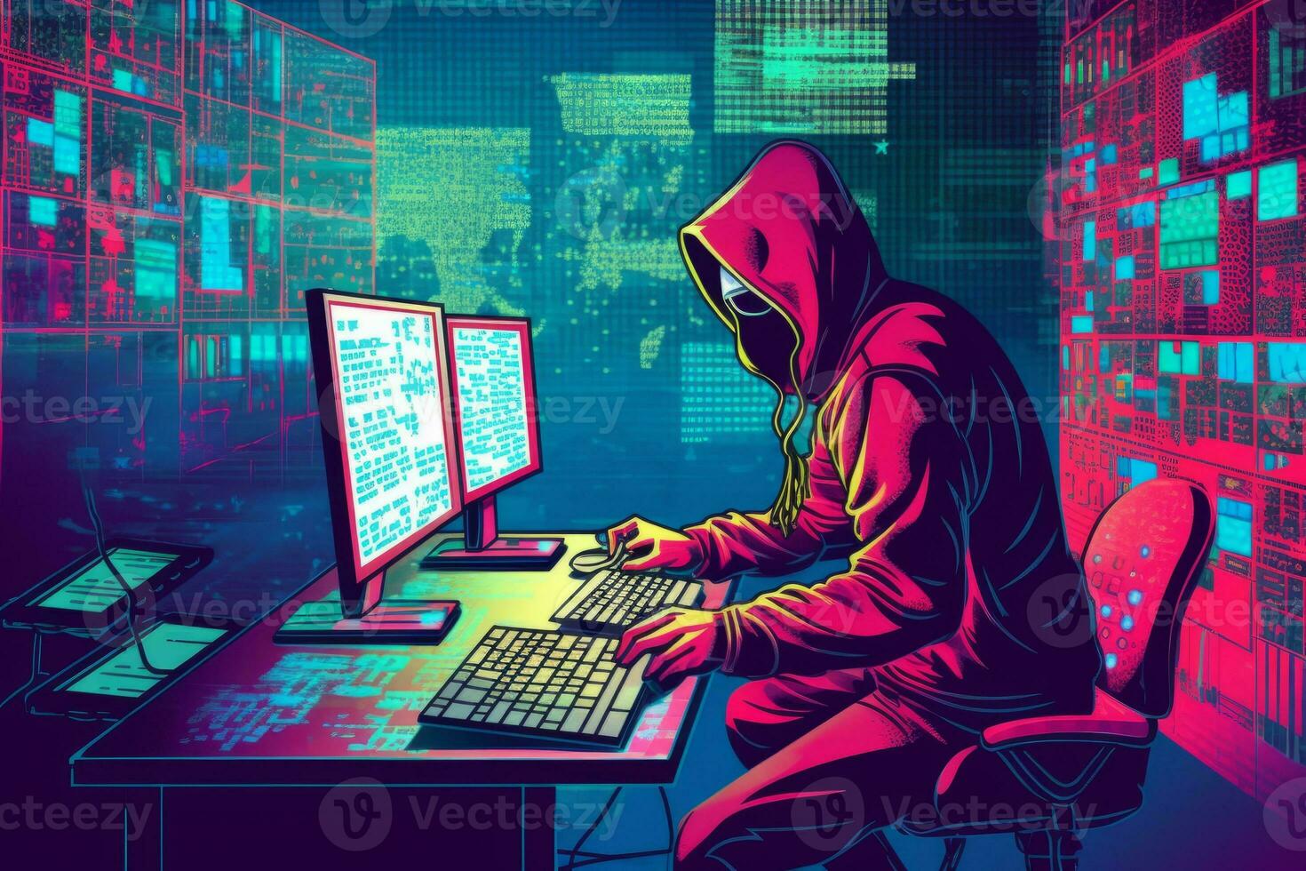 Vector Illustration Of A Hacker Breaking Into A Computer System And Stealing Sensitive