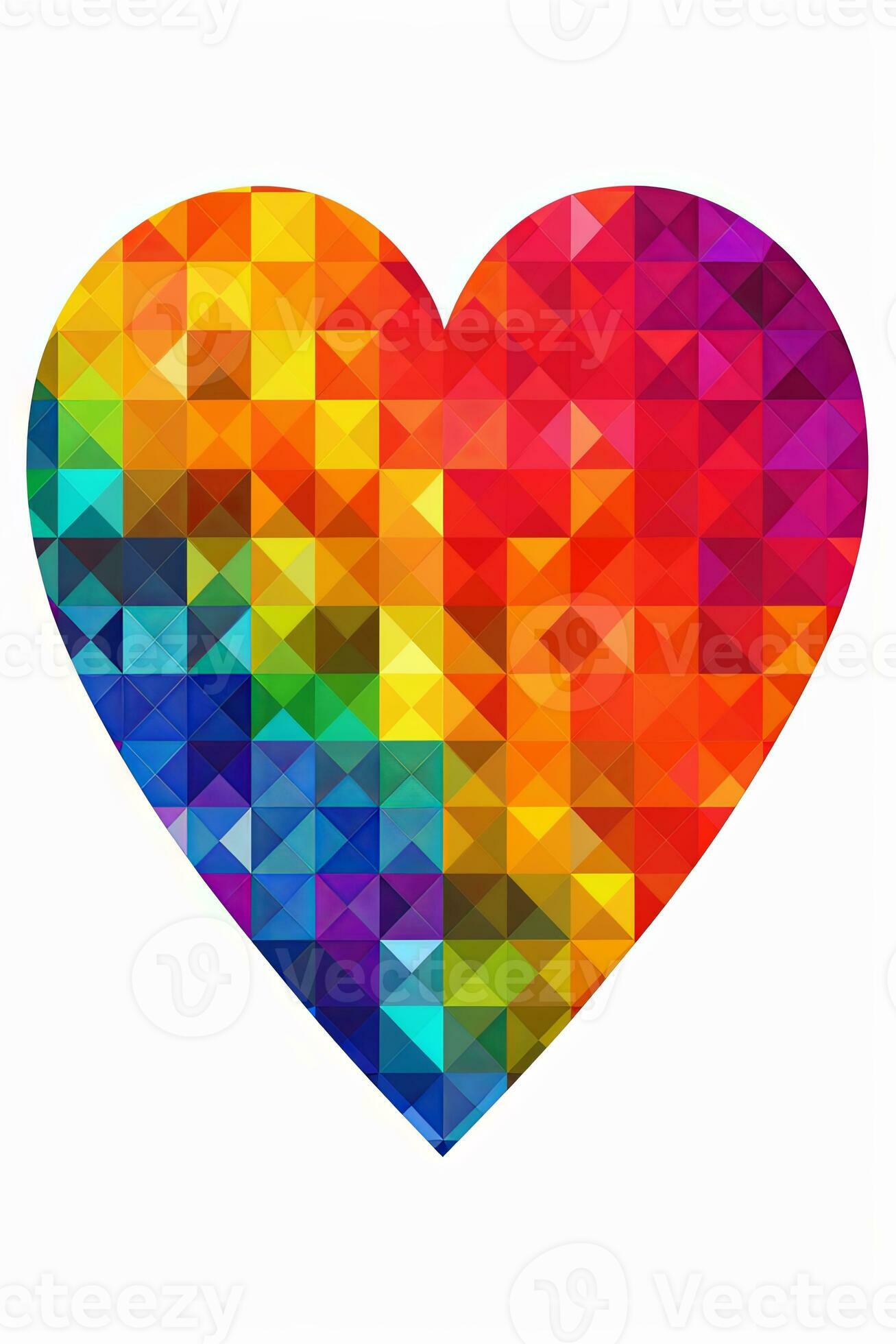 Illustration of a rainbow-colored heart-shaped flag made up of various Pride flags, representing ...