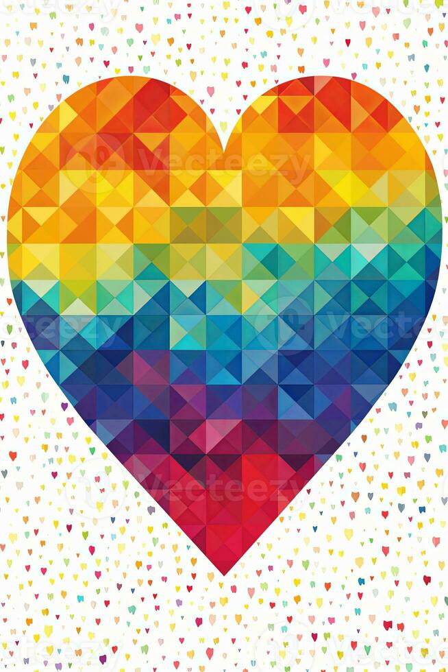 Illustration of a rainbow-colored heart-shaped flag made up of various Pride flags, representing ...