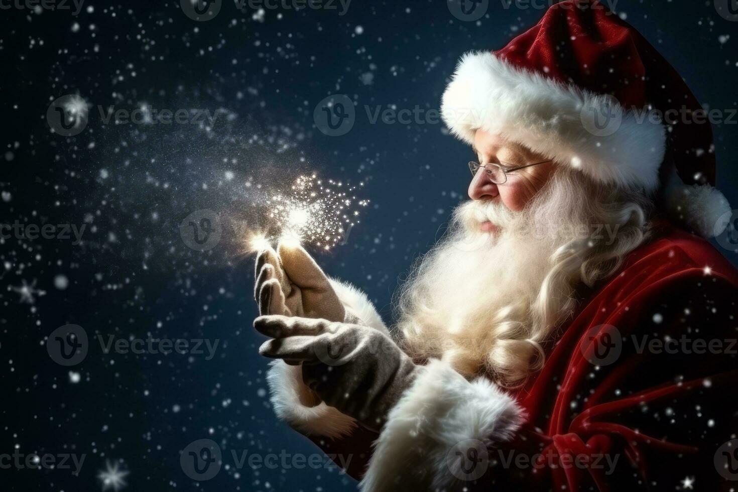 Santa Claus blowing magic Christmas stars in snowy night. Concept magic Christmas and festive ...
