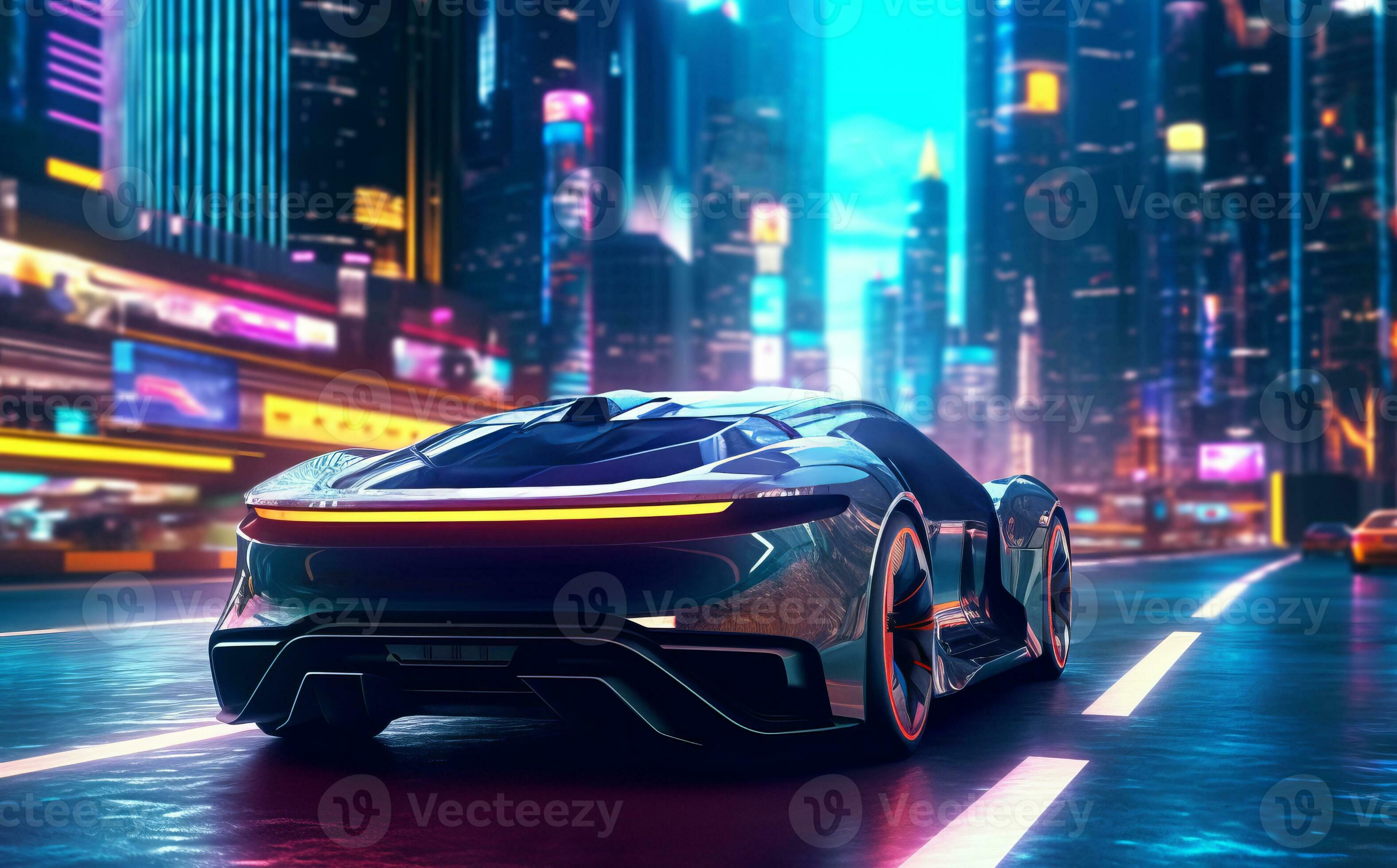 Futuristic Self-Driving sport car moving on a highway in a modern city. Generative AI 31549618 ...