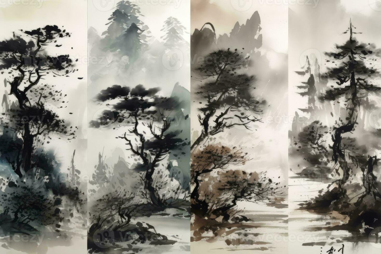 Forest tree with flowers mountains and temple in traditional Japanese painting Sumi-e ink art ...