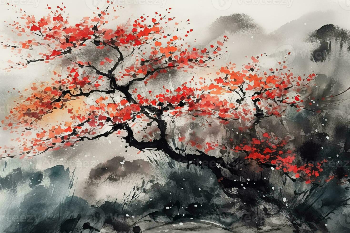 Cherry blossom tree in traditional Japanese painting Sumi-e ink art. AI generative. 31549731 ...