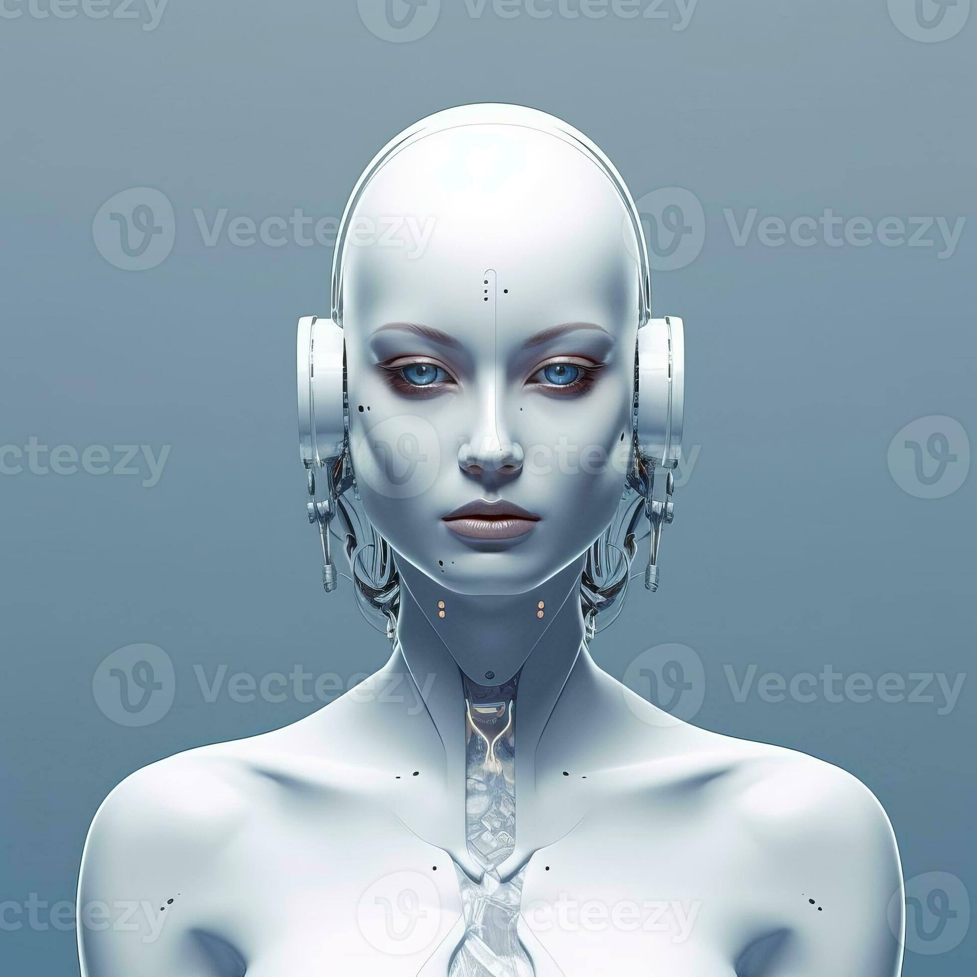 The image depicts a female robot with a sleek, futuristic design. Her ...