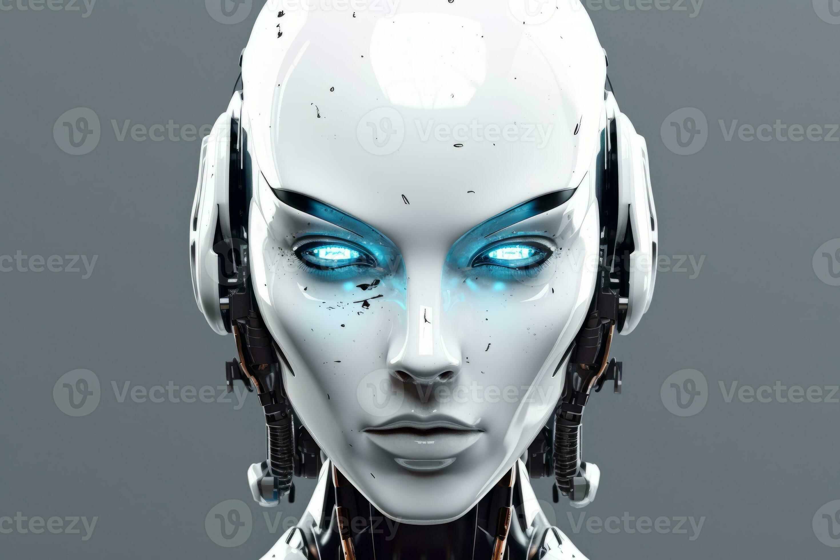 White robot with a smooth and polished exterior stands in the center of ...