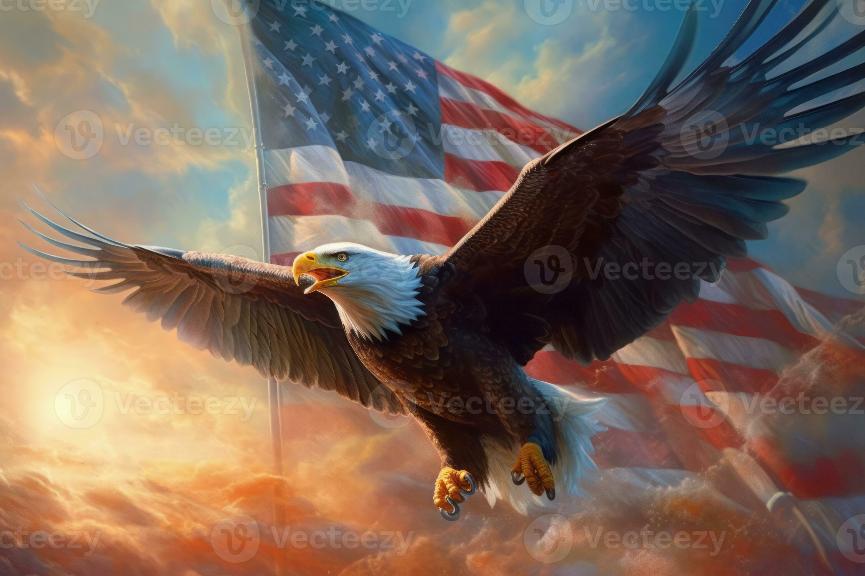 An Epic Image Of A Majestic Bald Eagle Soaring Through The Sky Carrying An American Flag In Its