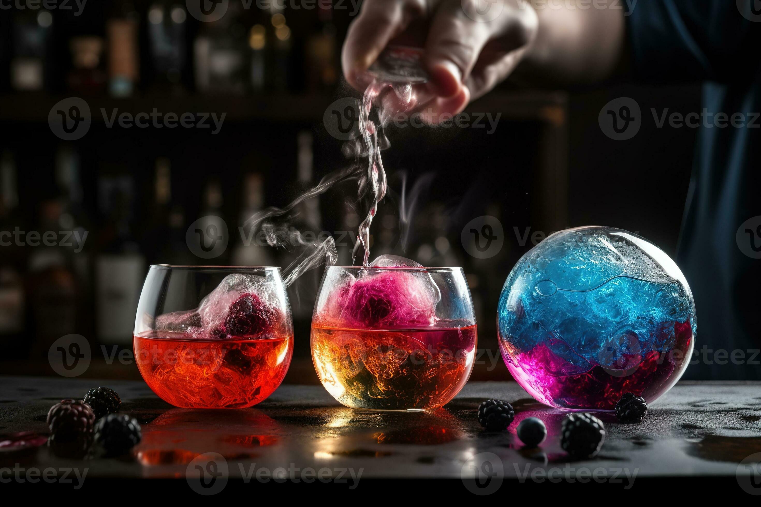 Molecular mixology presentation, capturing an innovative, experimental cocktail with unique ...