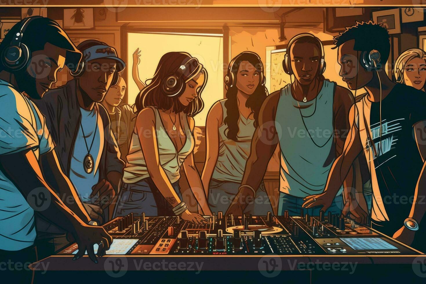 Illustration of a group of young people standing in front of a DJ booth, watching a famous DJ ...